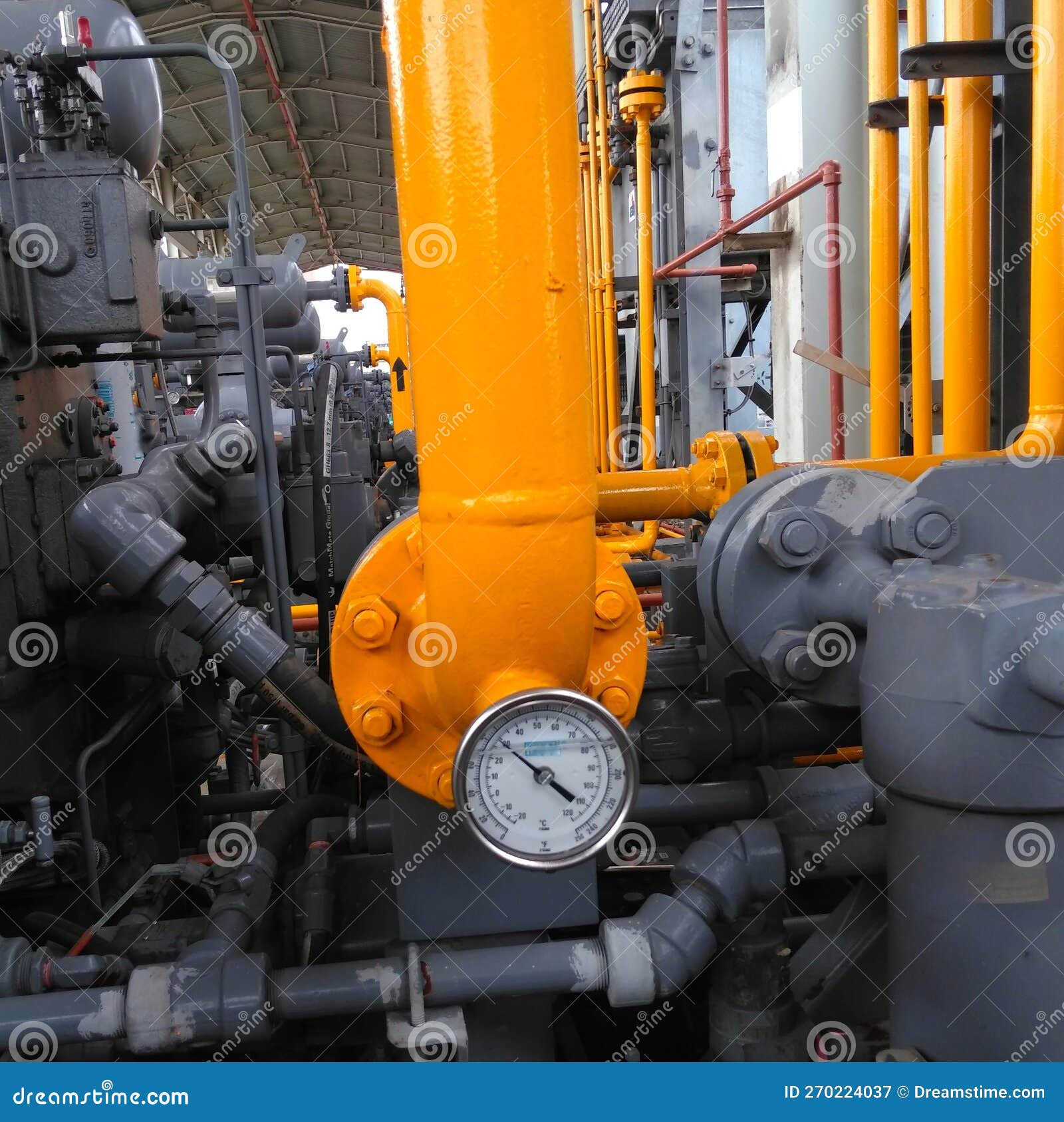 Yellow Piping with Pressure Gauge Stock Image - Image of engine ...