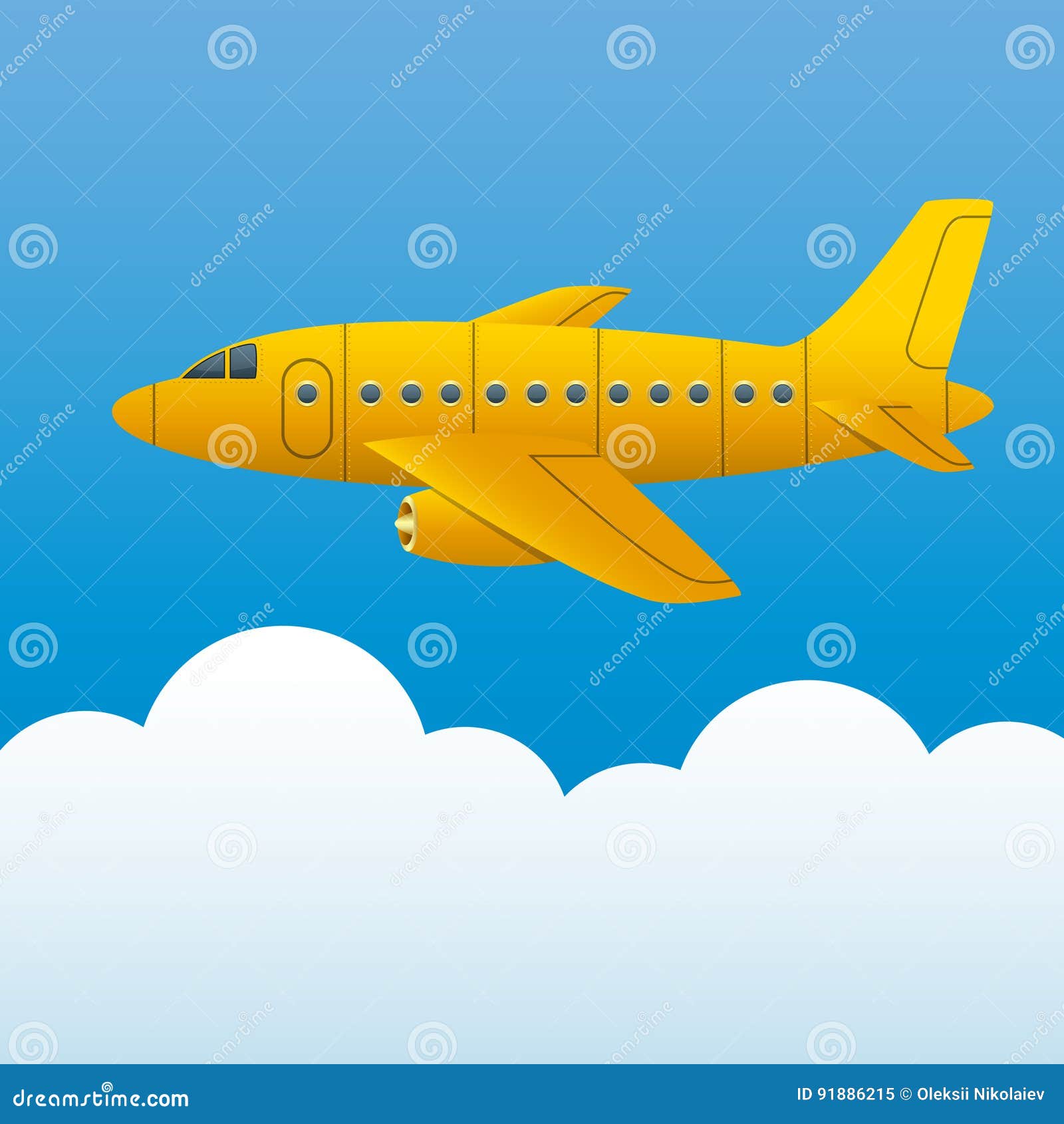 Yellow Plane on a Background of Blue Sky and White Clouds. Cartoon ...