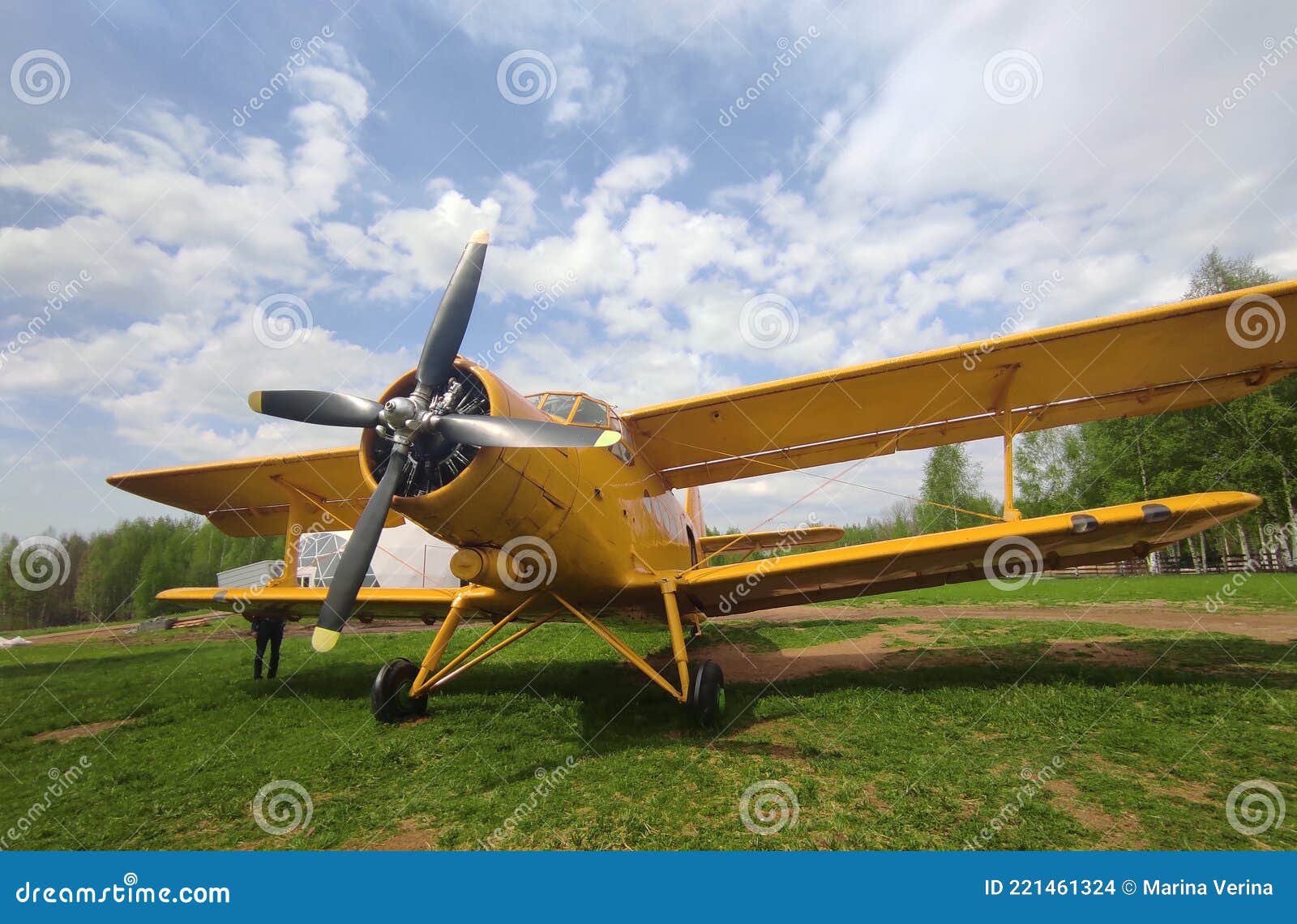 Yellow Plane on a Background of Sky and Grass Stock Photo - Image of ...