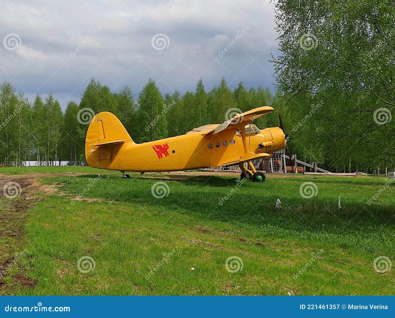 Yellow Plane on a Background of Sky and Grass Editorial Photography ...