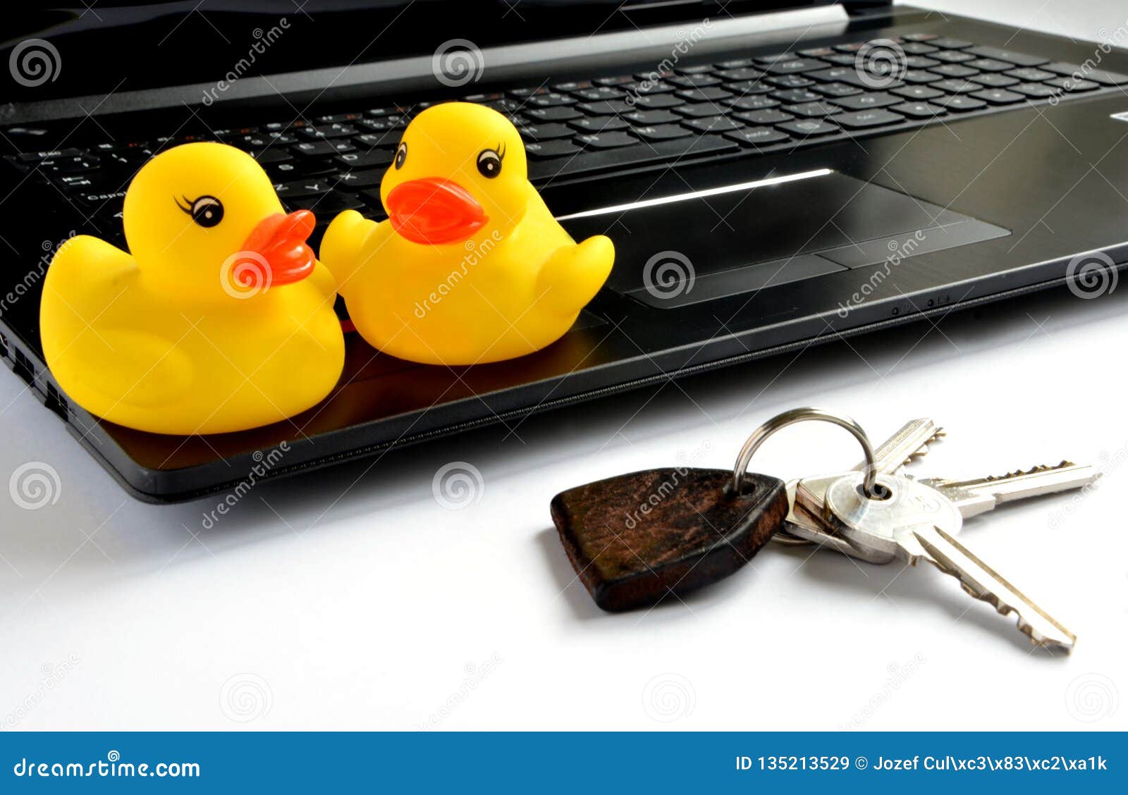 Yellow Plastic Ducks Sit on Notebook Computer Next To Keys To House ...