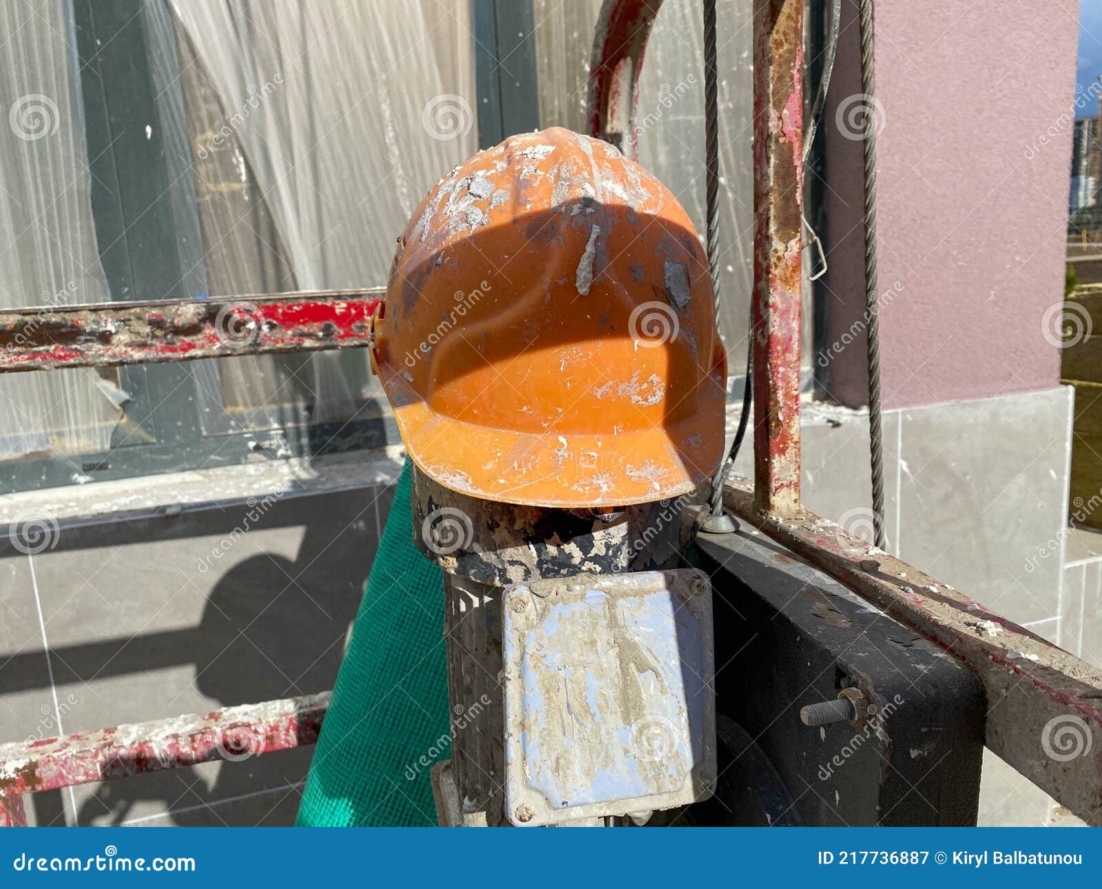 Yellow Plastic Protective Dirty Scratched Old Construction Worker`s ...