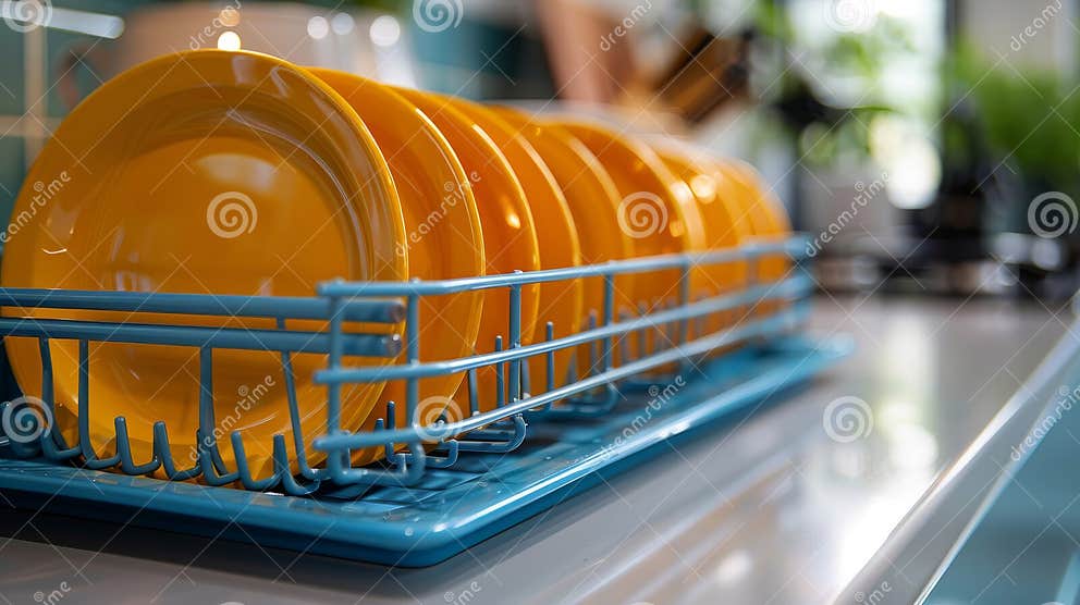 Yellow Plates Drying on a Blue Dish Rack in a Modern Kitchen. Stock ...
