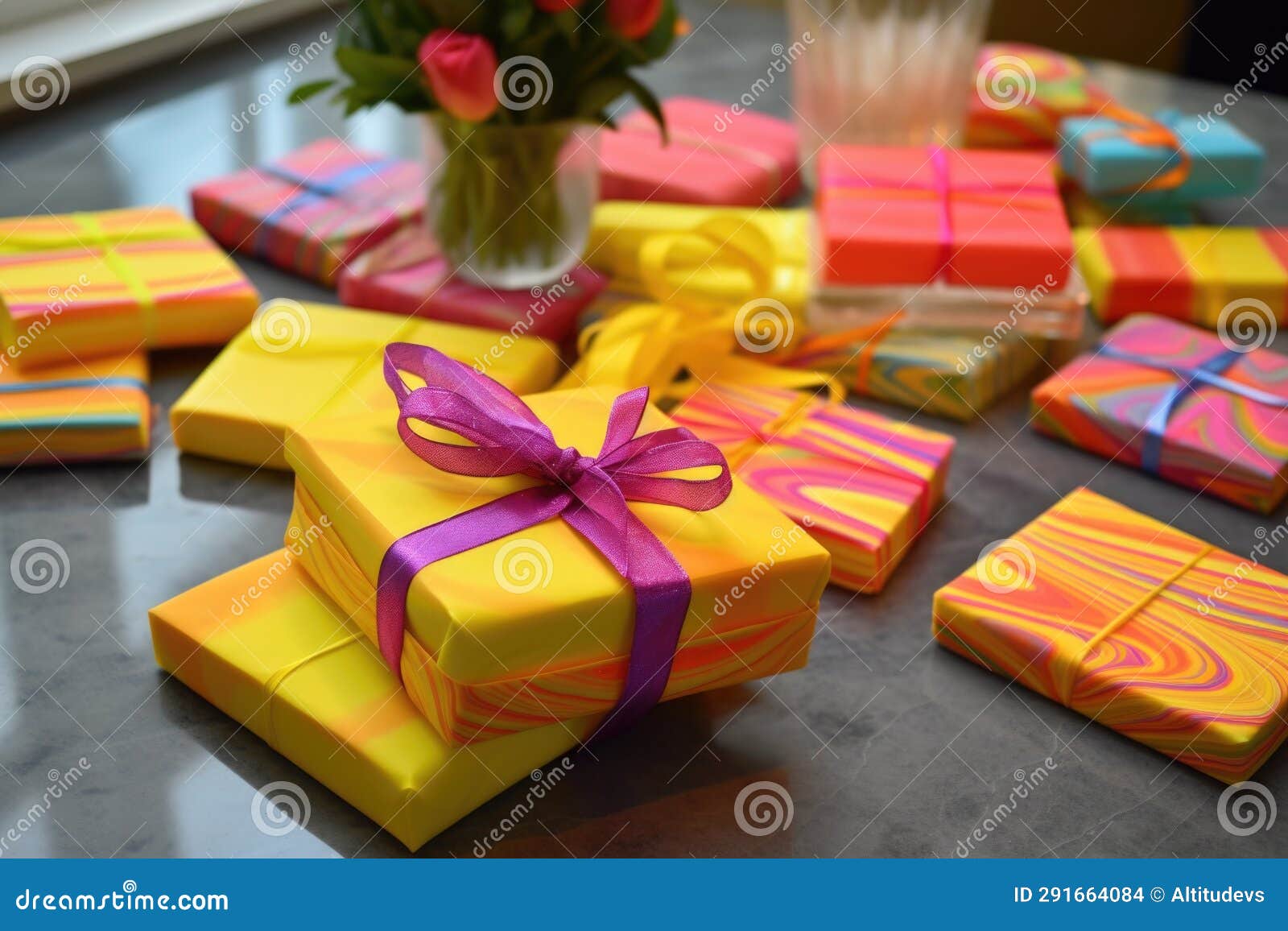 Yellow Post-its Sticking On Colorful Wrapped Gifts On A Marble Table ...