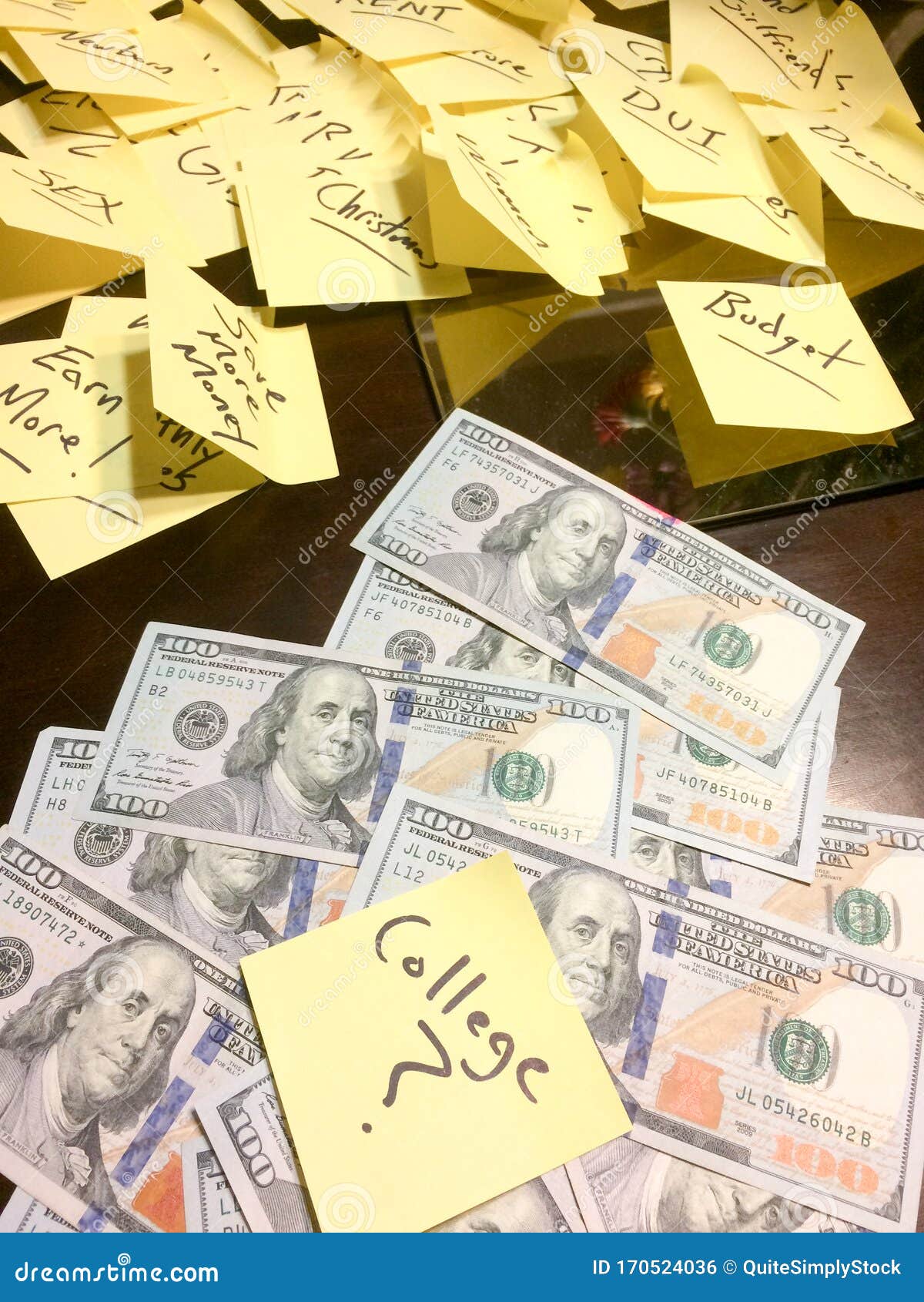 Yellow Post it Notes on Table with Pile of American Cash Stock Photo ...