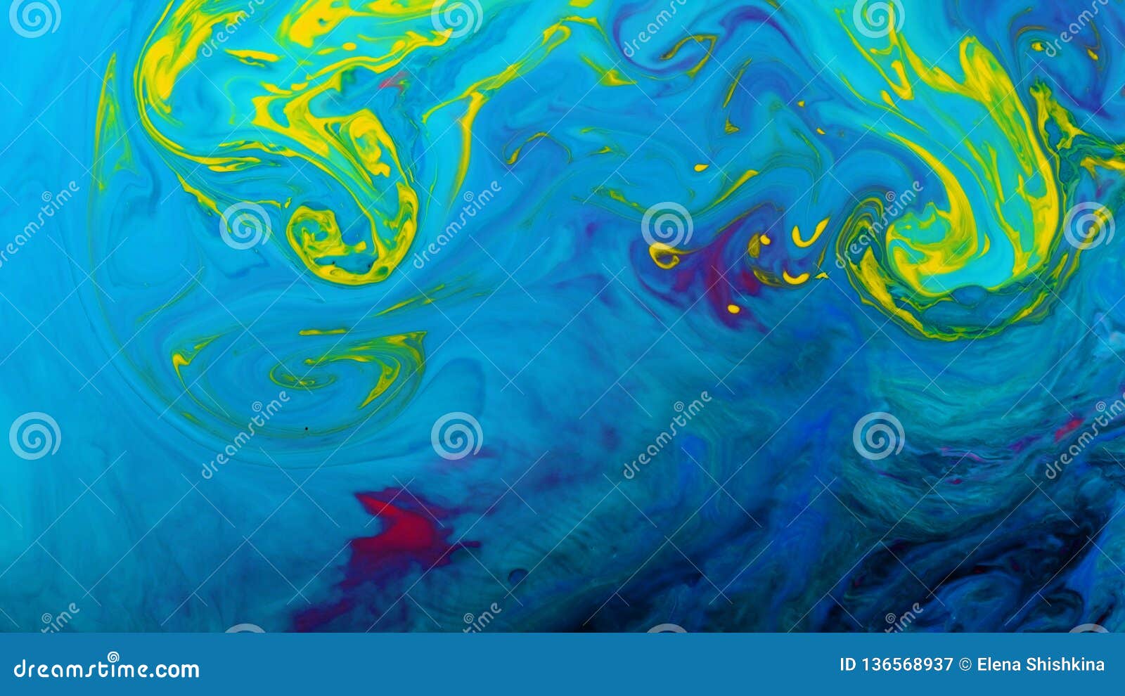 Yellow Psychedelic Dyes are Mixed in Abstract Patterns in a Blue Liquid ...