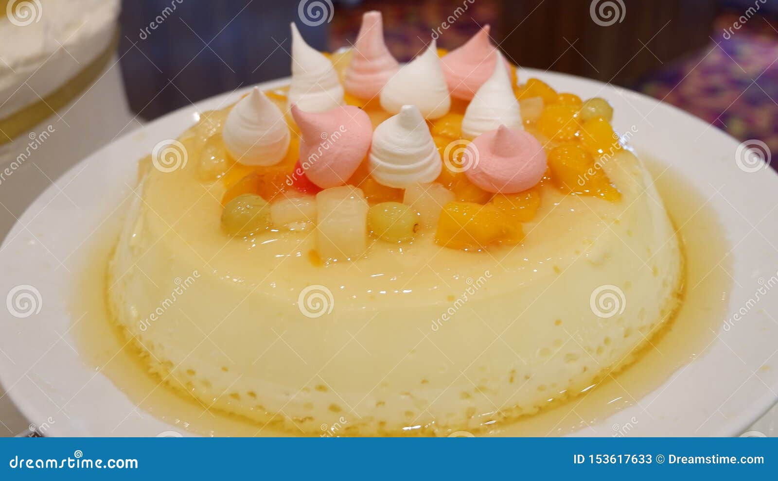 Yellow Pudding with Spiral Cream on White Plate Stock Image - Image of ...