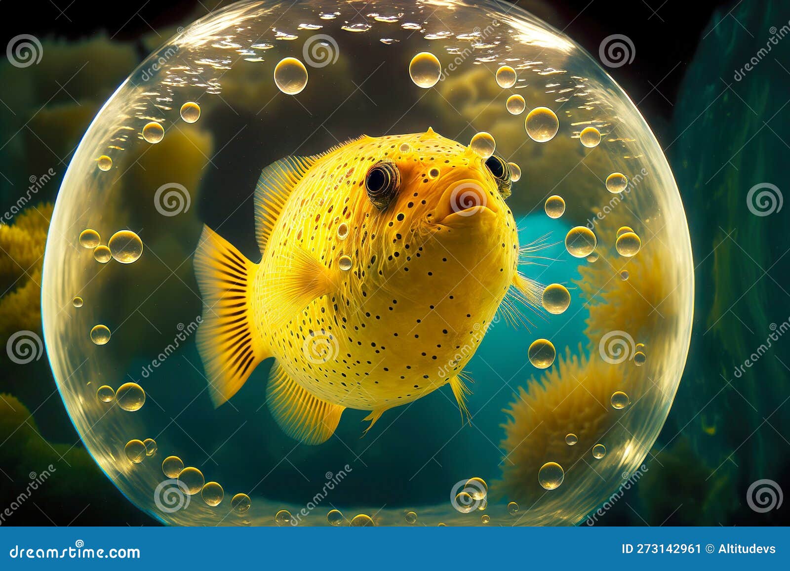 Yellow Puffer Fish in Transparent Balloon with Air Bubbles Stock ...