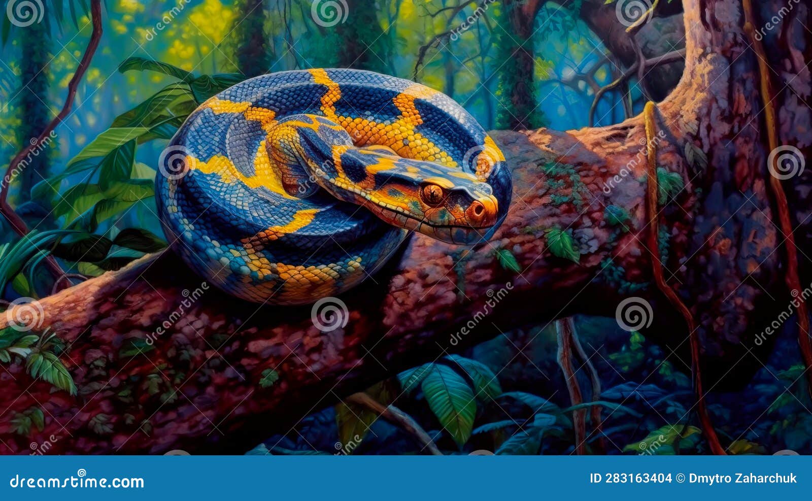 Yellow Python Coiling Around a Tree in a Rainforest. Stock Illustration ...