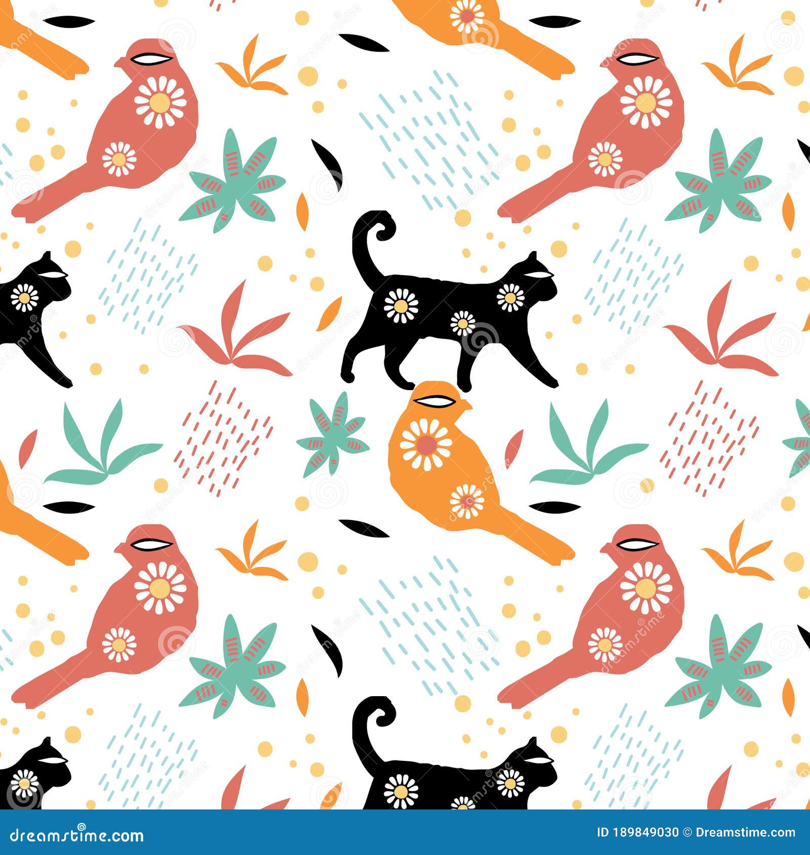 Yellow Red Bird Black Cat Seamless Pattern Stock Vector - Illustration ...