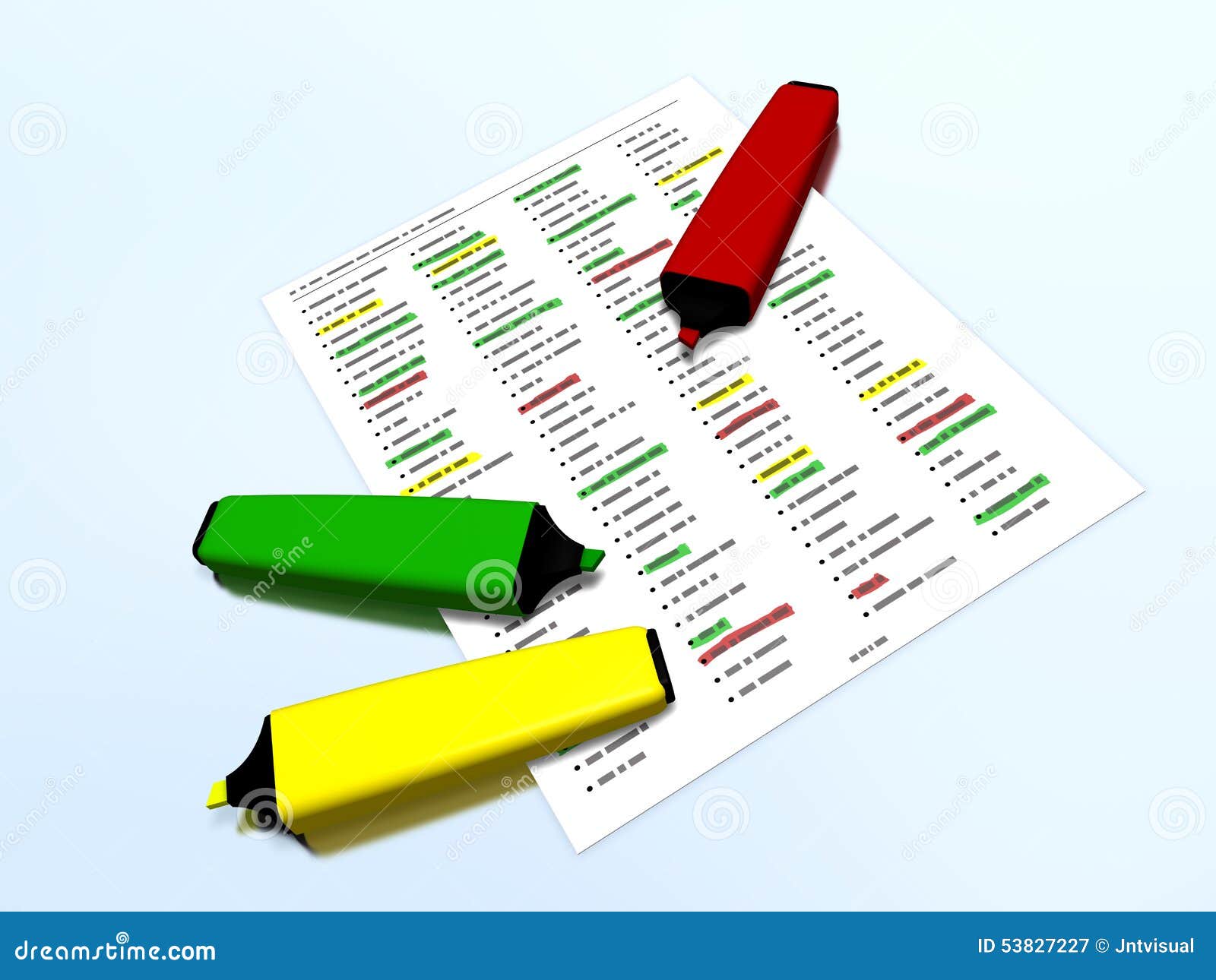 Yellow, Red and Green Pen Markers on a List with Highlighted Elements ...