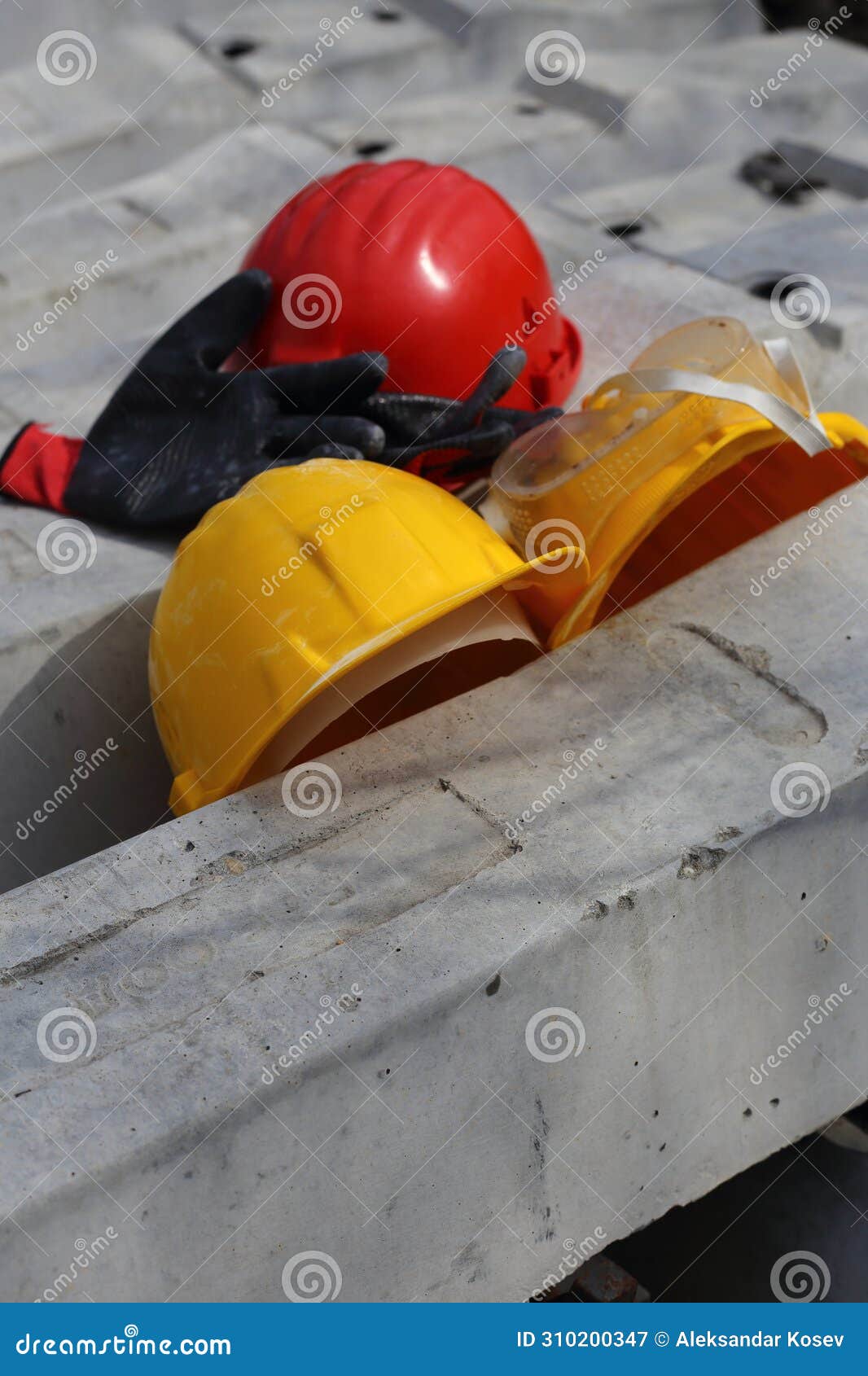 Yellow and Red Helmets on a Work Site Stock Image - Image of protective ...