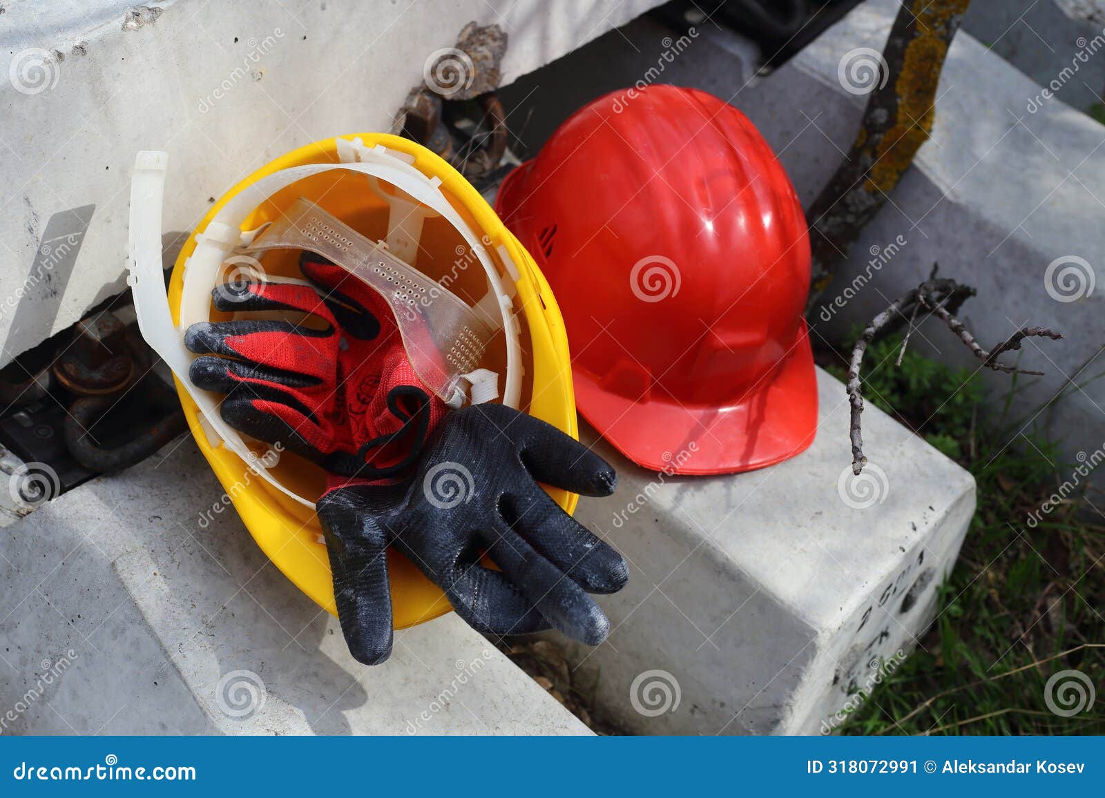Yellow and Red Helmets on a Work Site Stock Image - Image of ...