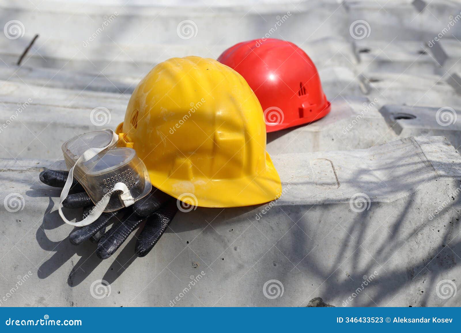 Yellow and Red Helmets on a Work Site Stock Image - Image of build ...