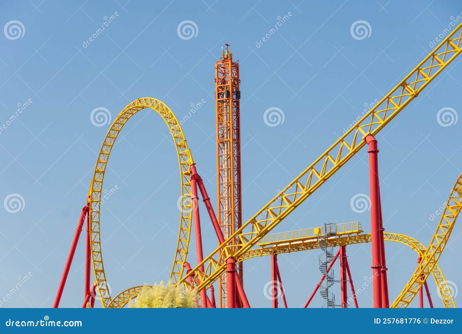Yellow-red Roller Coaster and Free Fall Stella, Amusement Park View ...