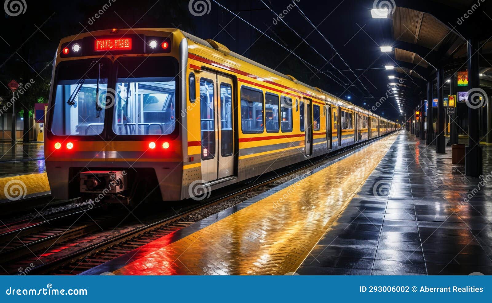 A Yellow and Red Train on the Tracks at Night Stock Illustration ...