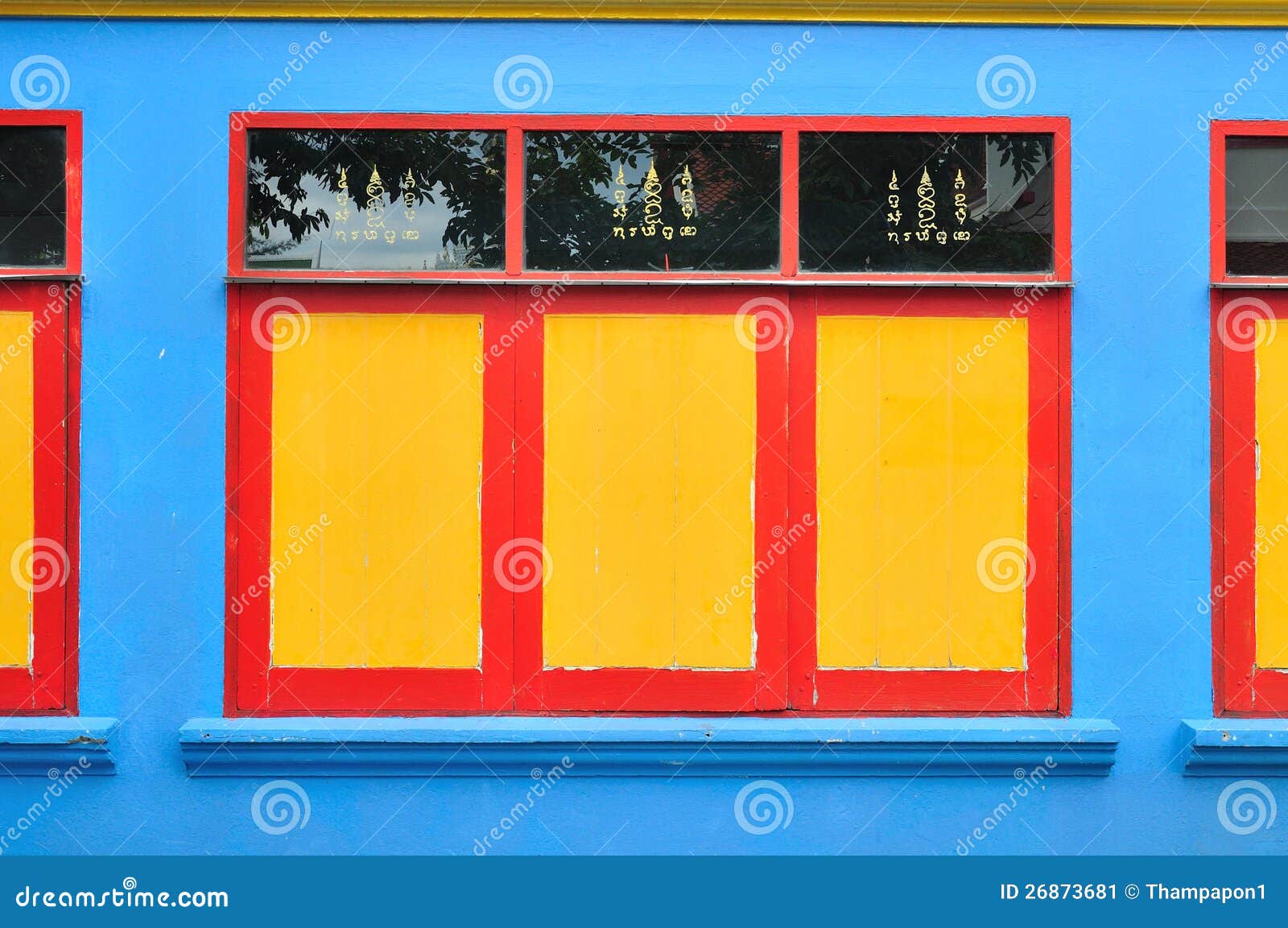Yellow and Red Window on a Blue Wall. Stock Image - Image of beautiful ...