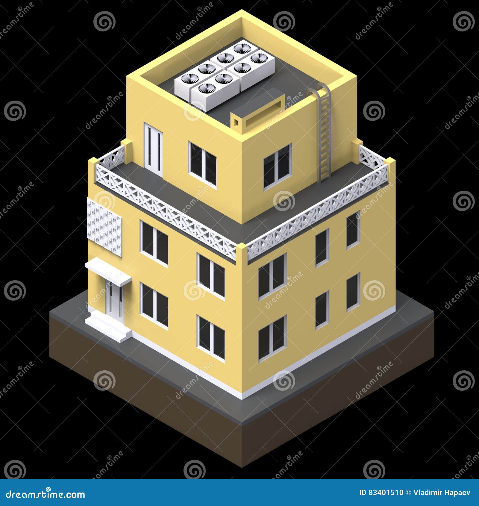 Yellow Residential Building in a Small Isolated Platform. Raster 3d ...