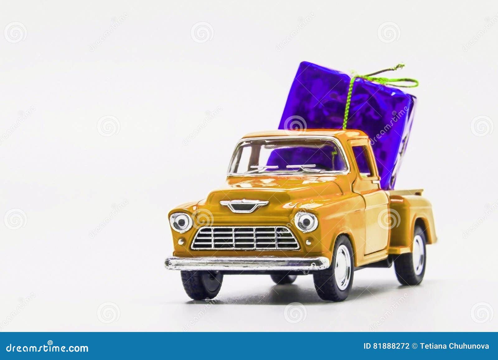 Yellow Retro Car Pickup Violet Gift Box Isolated Stock Photo - Image of ...