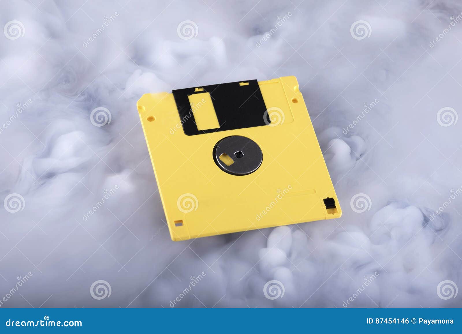 Yellow Retro Floppy Disk in Clouds. Information Cloud Conceptual Image ...