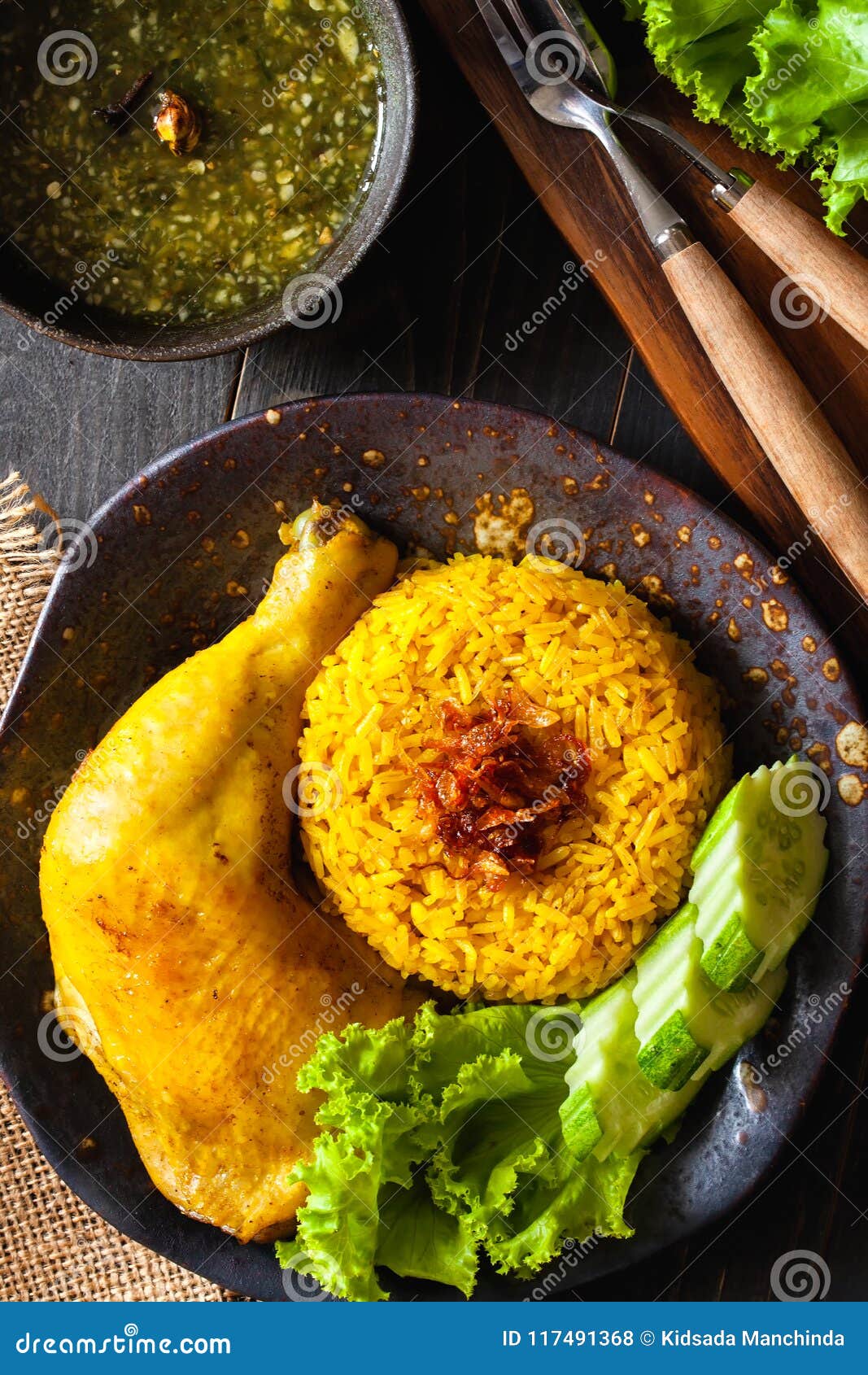 Yellow rice with chicken stock photo. Image of dish - 117491368