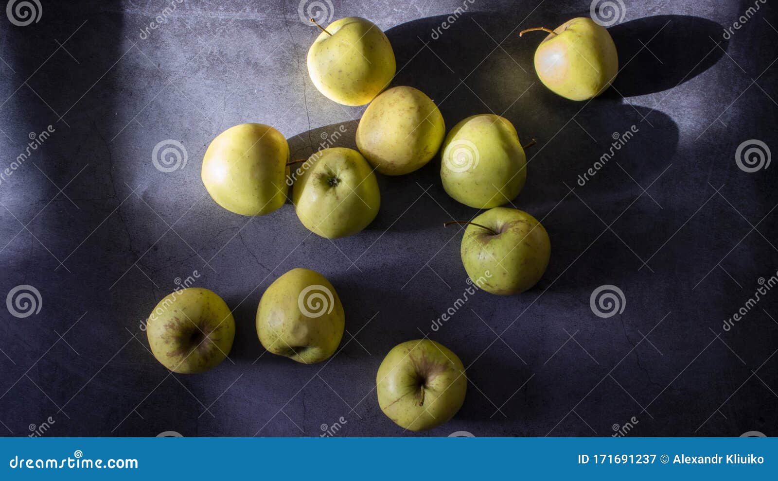 Yellow Ripe Apples Scattered on a Dark Background - Top View Stock ...