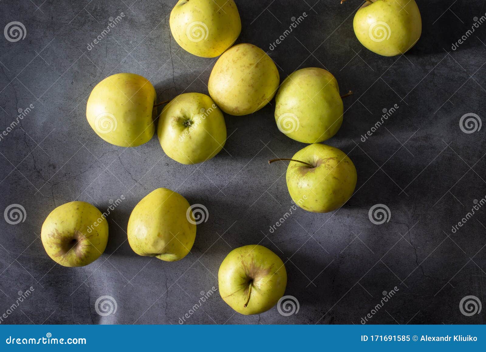 Yellow Ripe Apples Scattered on a Dark Background - Top View Stock ...