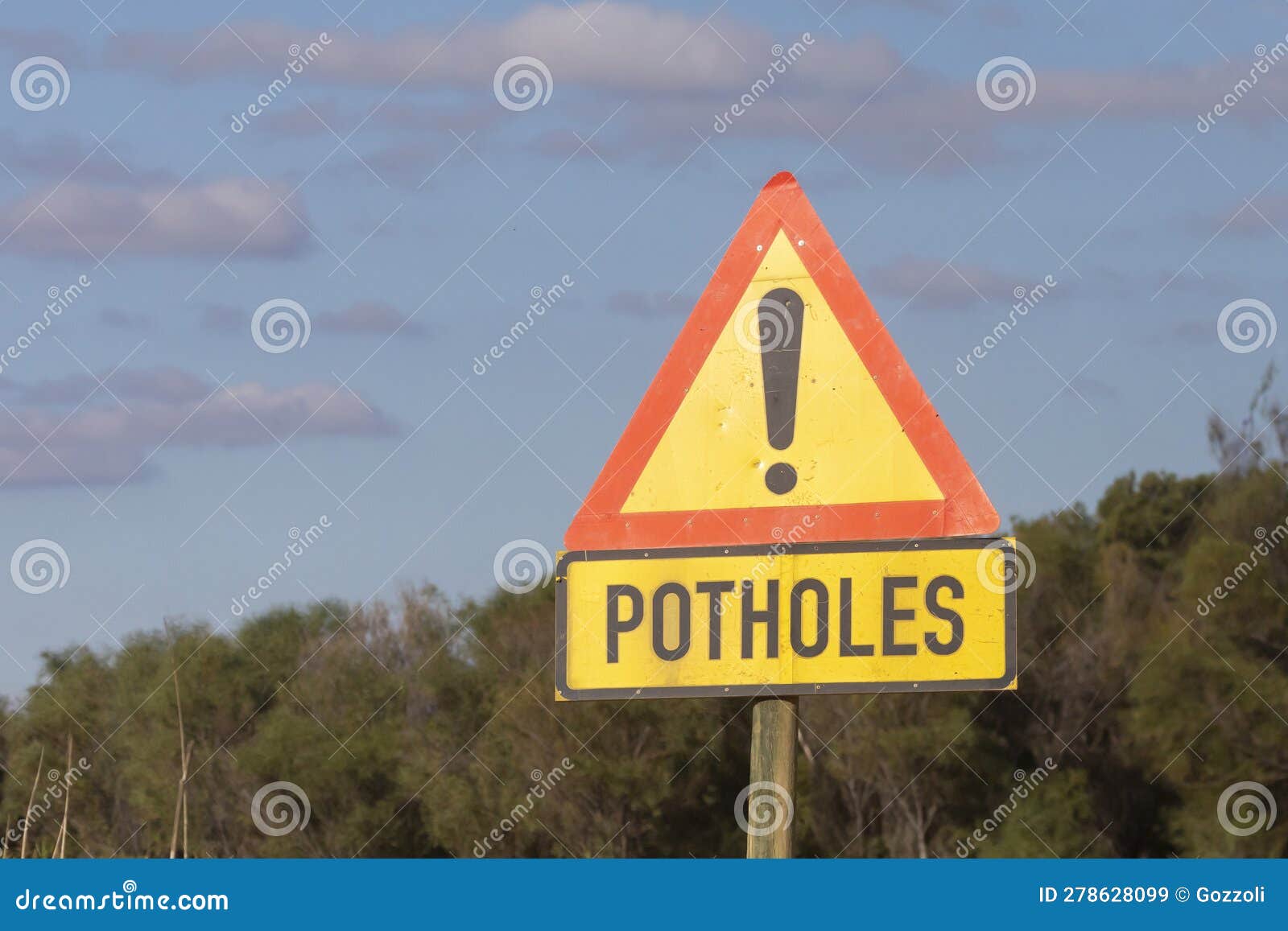 Yellow Road Traffic Warning Sign for Potholes at the Side of a Rural ...