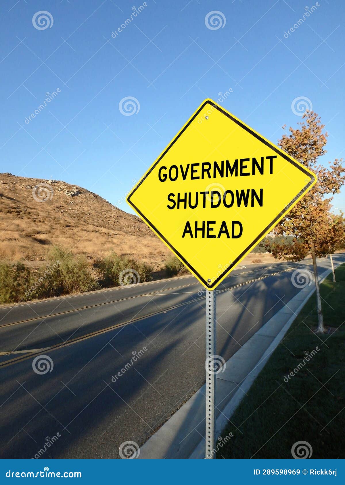 Yellow Roadside Warning Sign Reading Government Shutdown Ahead Warning ...