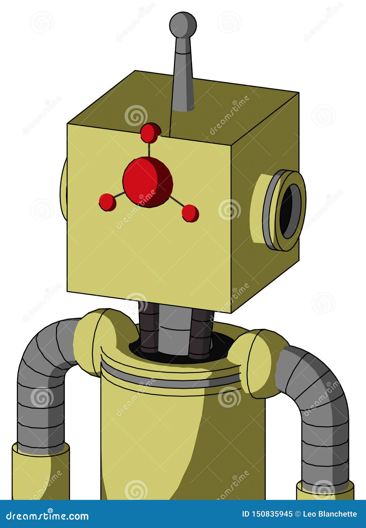 Yellow Robot with Box Head and Cyclops Compound Eyes and Single Antenna ...