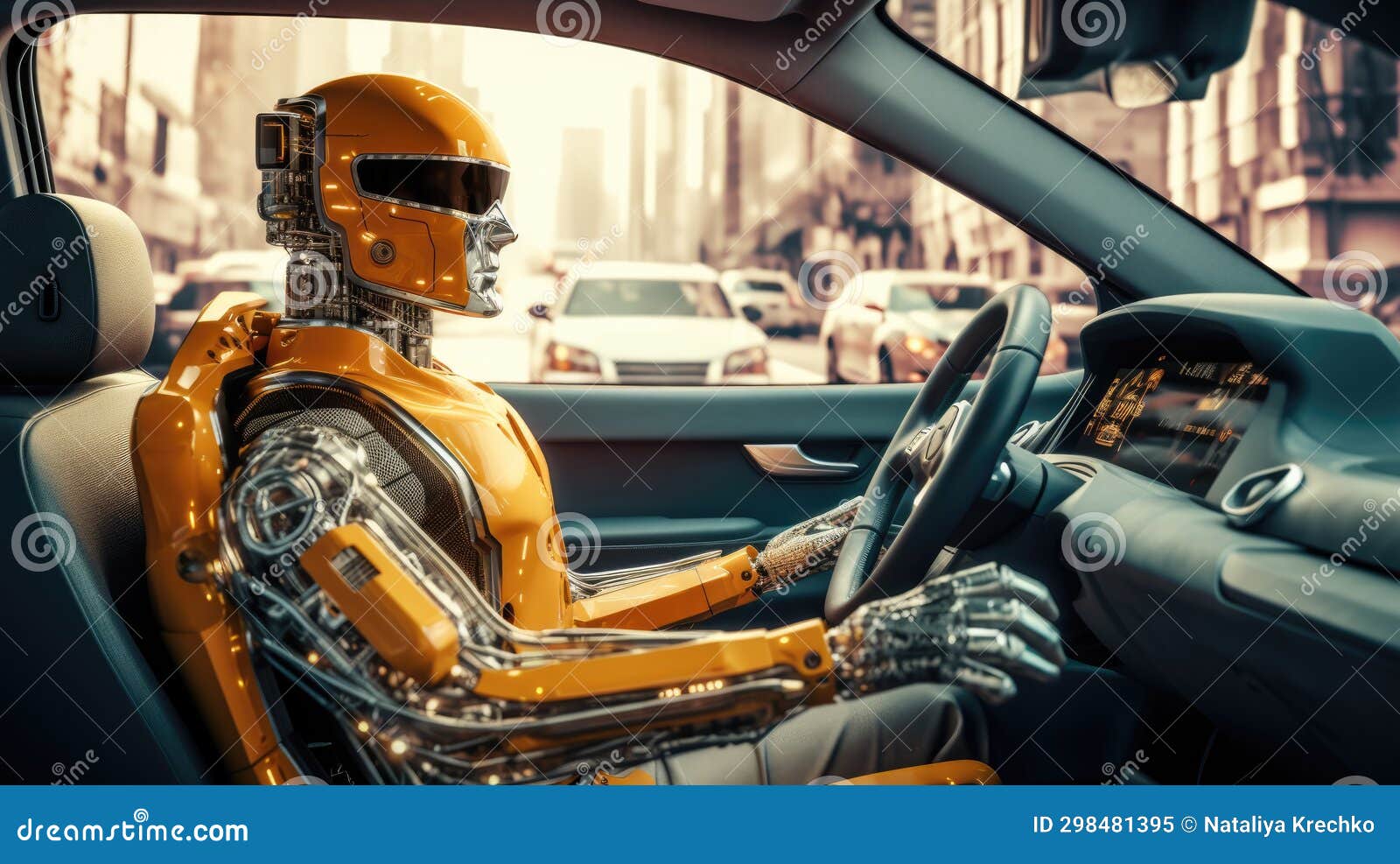 Yellow Robot Driving a Car. Inside the Car. Robot Driver Stock Image ...