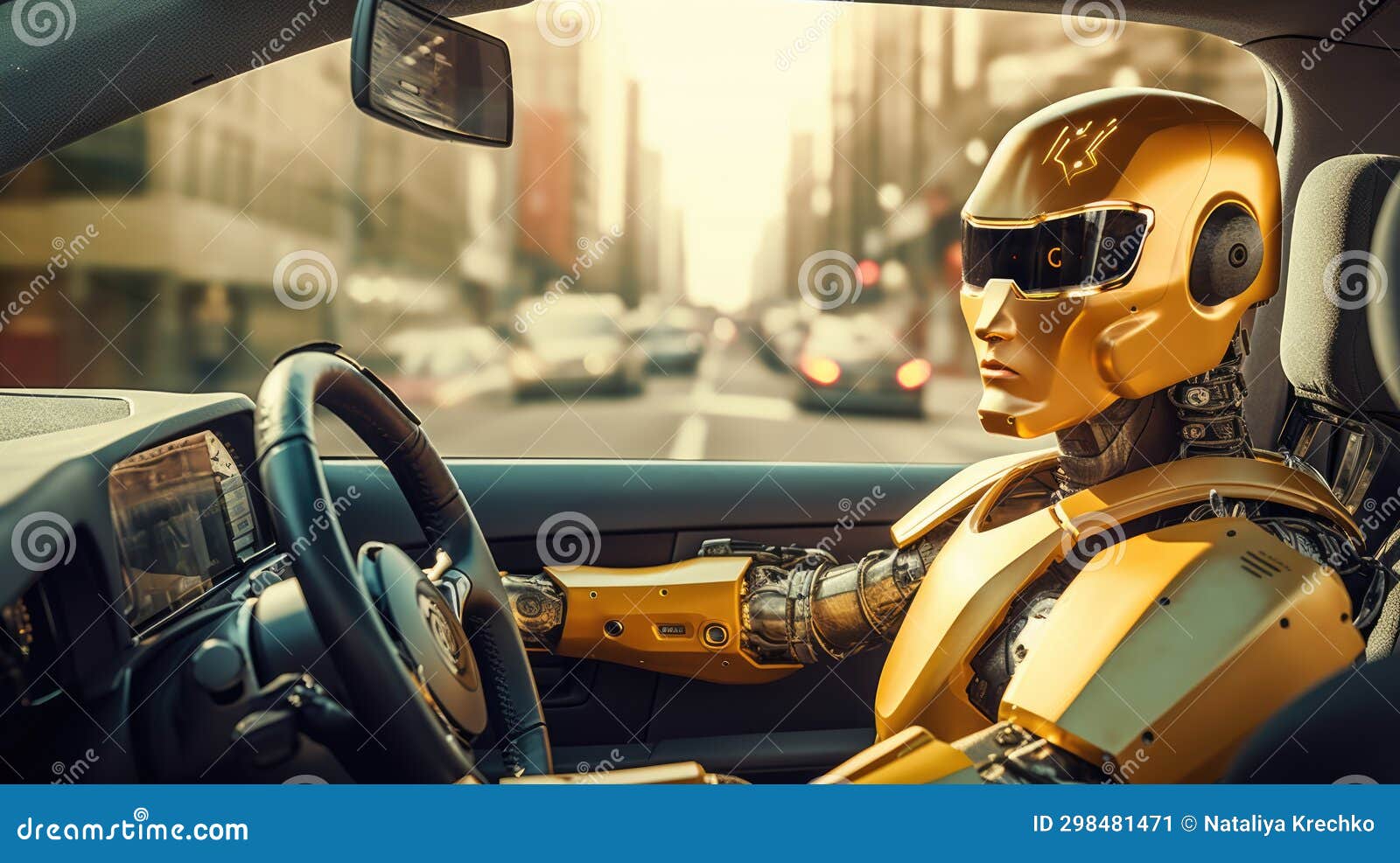 Yellow Robot Driving a Car. Inside the Car. Robot Driver Stock Image ...