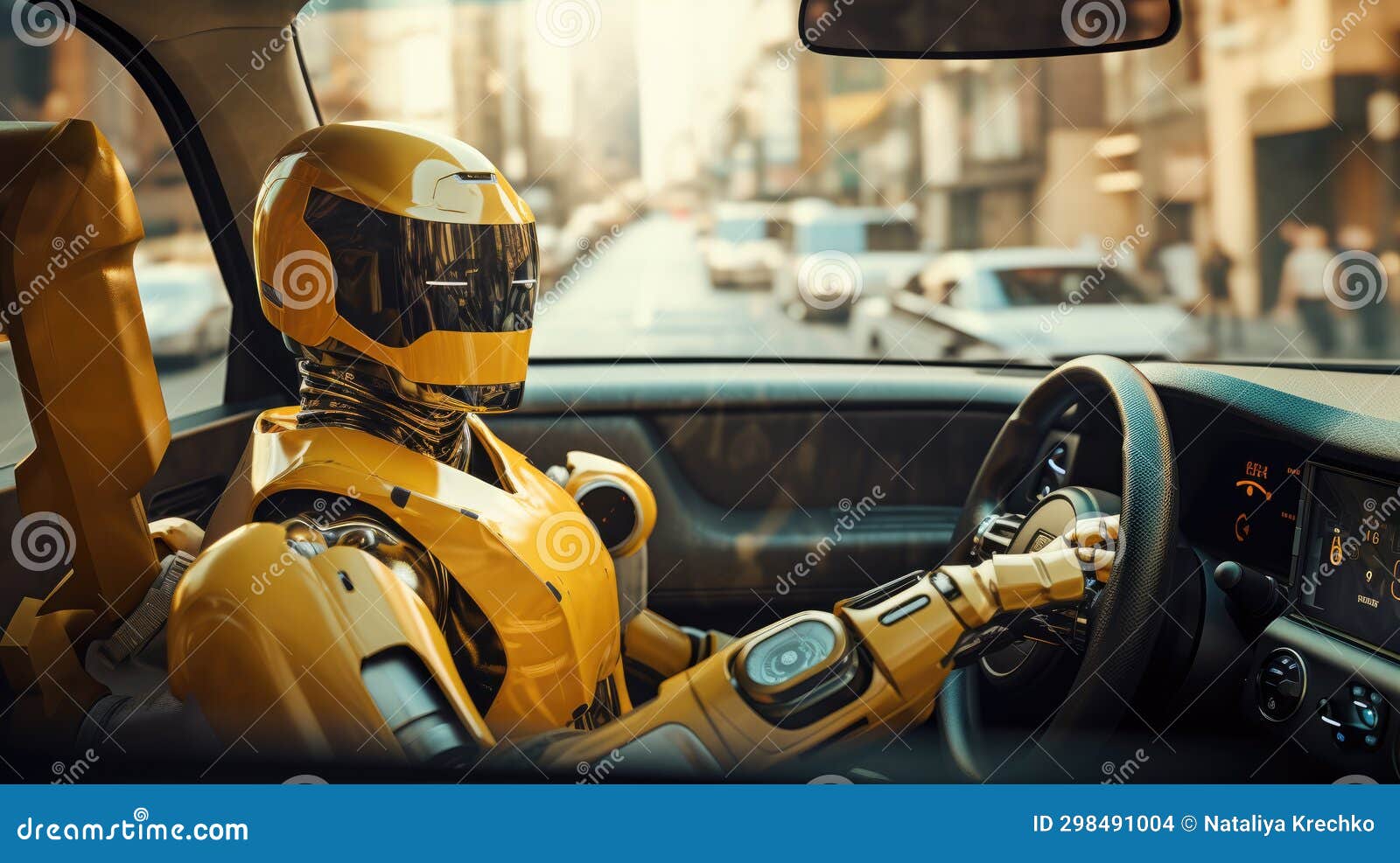 Yellow Robot Driving a Car. Inside the Car. Robot Driver Stock Photo ...