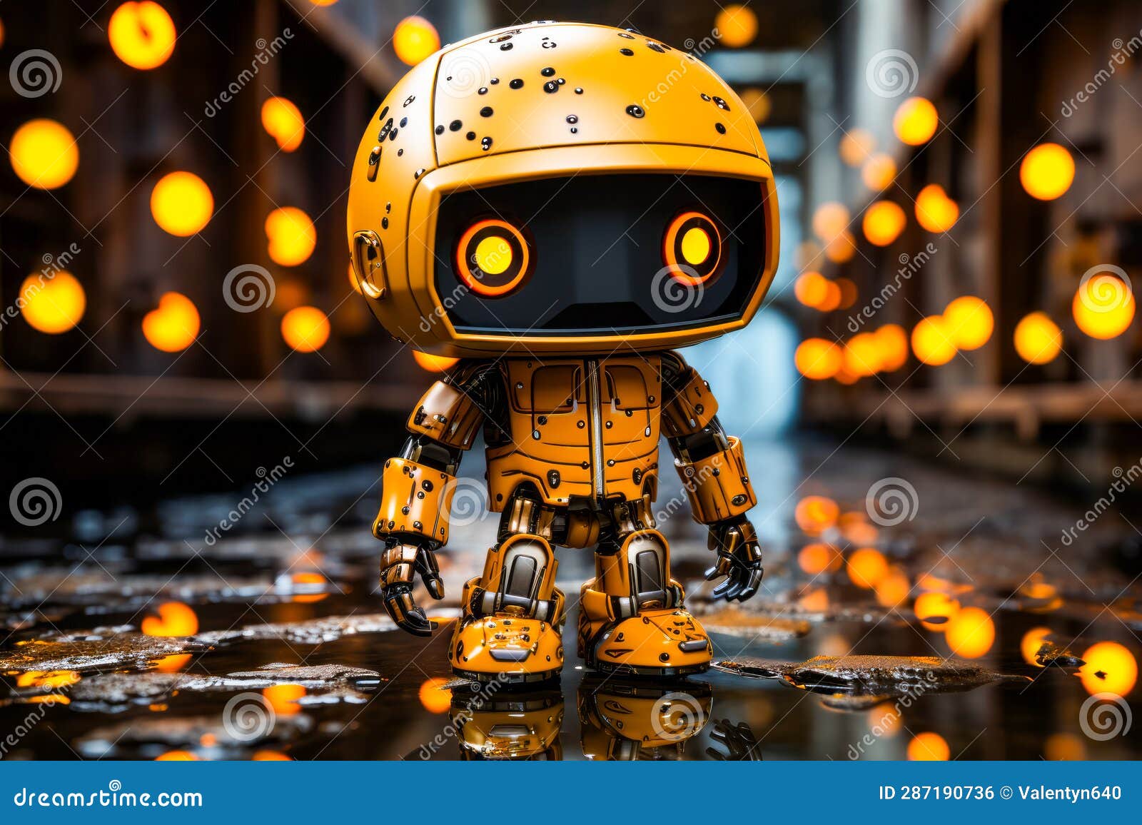 Yellow Robot is Standing on Wet Surface with Lights in the Background ...