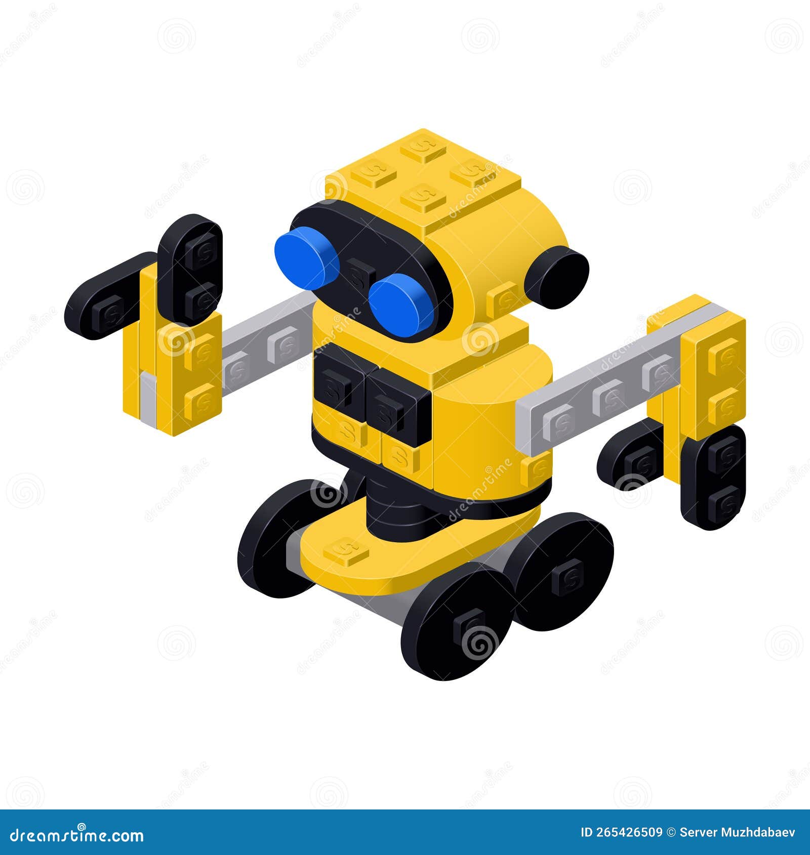 Yellow Robot on Wheels, Assembled from Plastic Bricks. Vector Stock ...