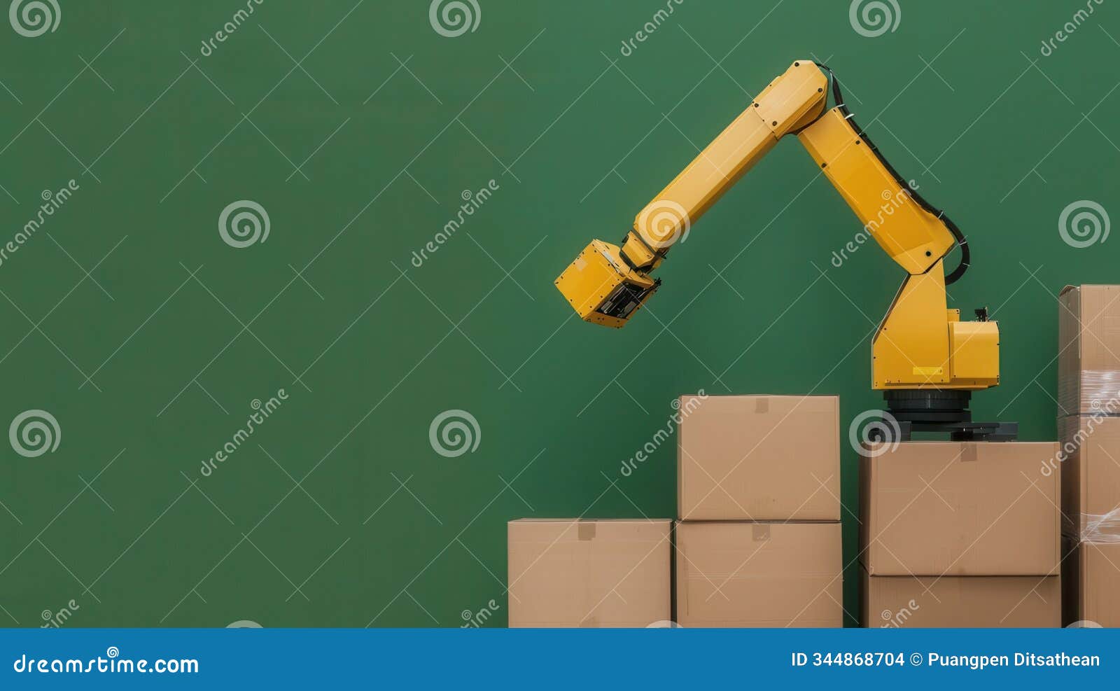 Yellow Robotic Arm Lifting Cardboard Boxes in an Advanced Warehouse ...