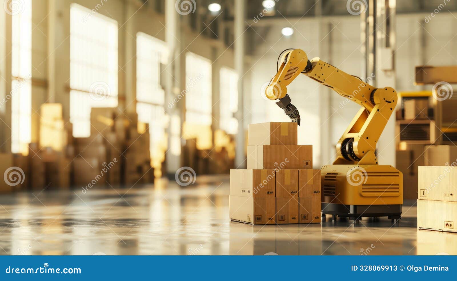 Yellow Robotic Arm Stacking Boxes in a Bright Warehouse. Automation and ...