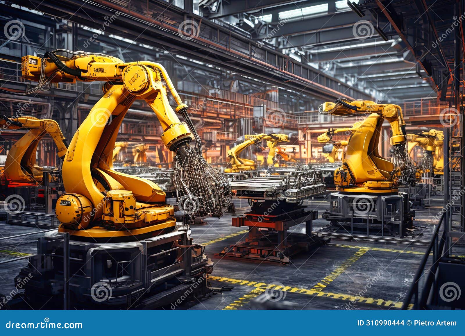 Yellow Robots Filling a Factory Stock Photo - Image of automated ...