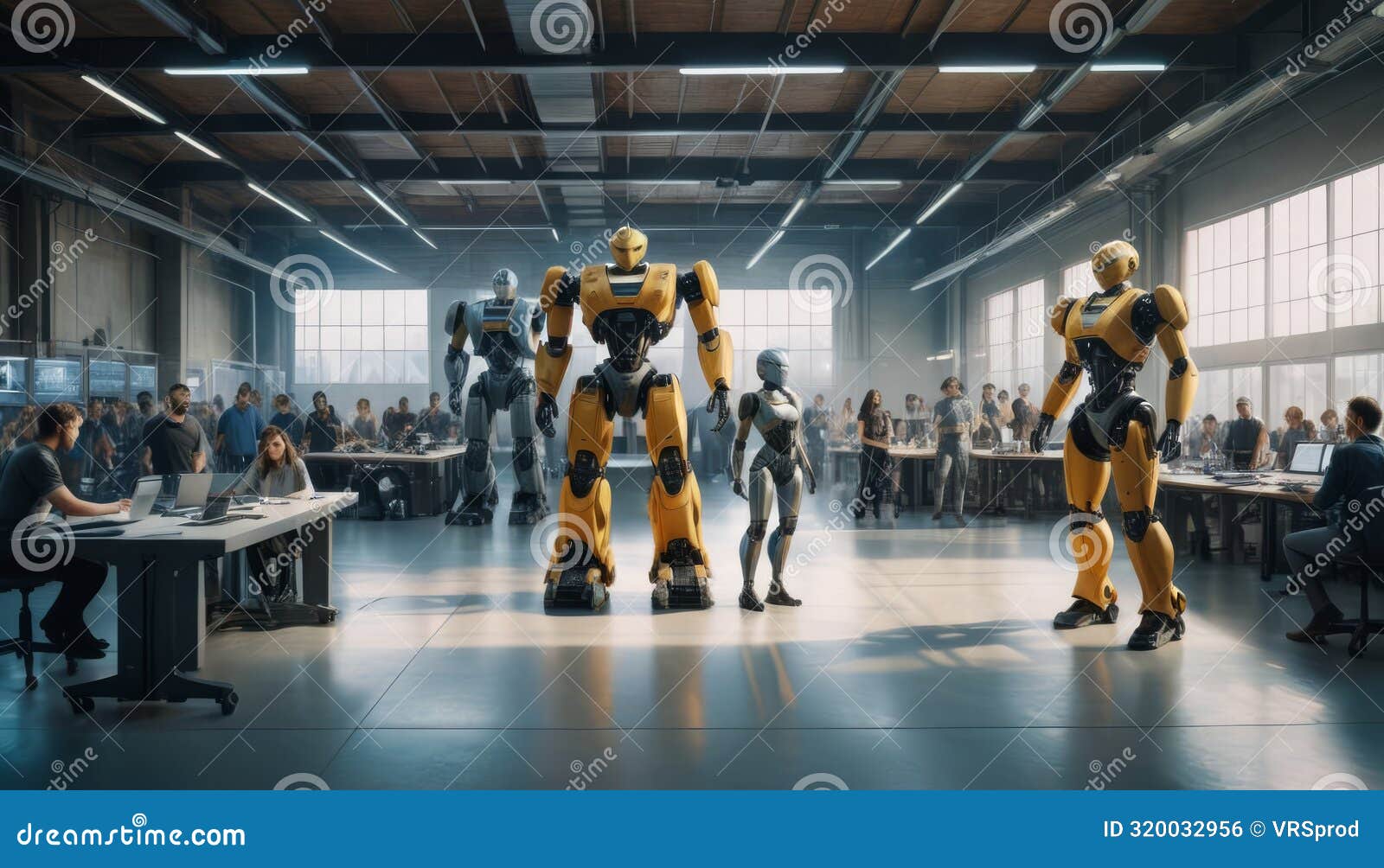 Yellow Robots in Interactive Tech Office Environment Stock Photo ...