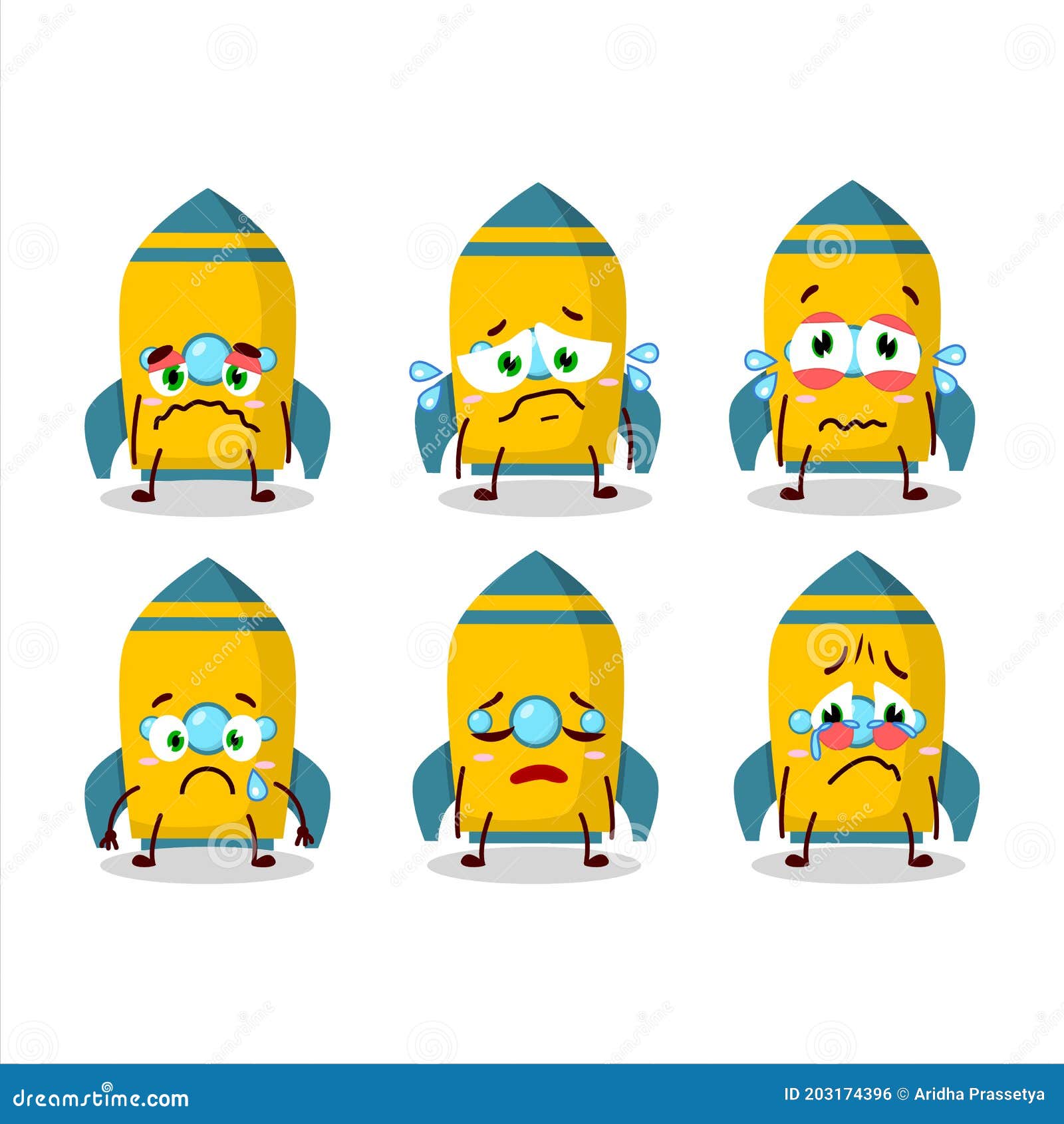 Yellow Rocket Firecracker Cartoon Character with Sad Expression Stock ...