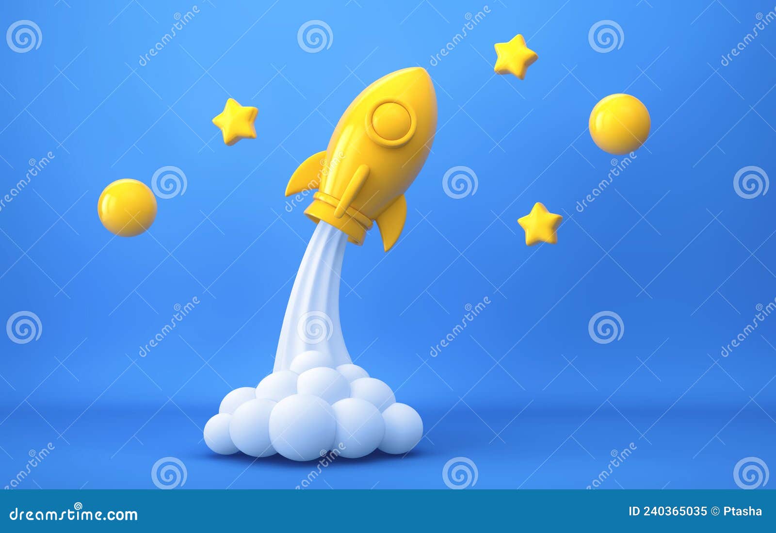 Yellow Rocket, Planets and Stars in Space on Blue Background Stock ...