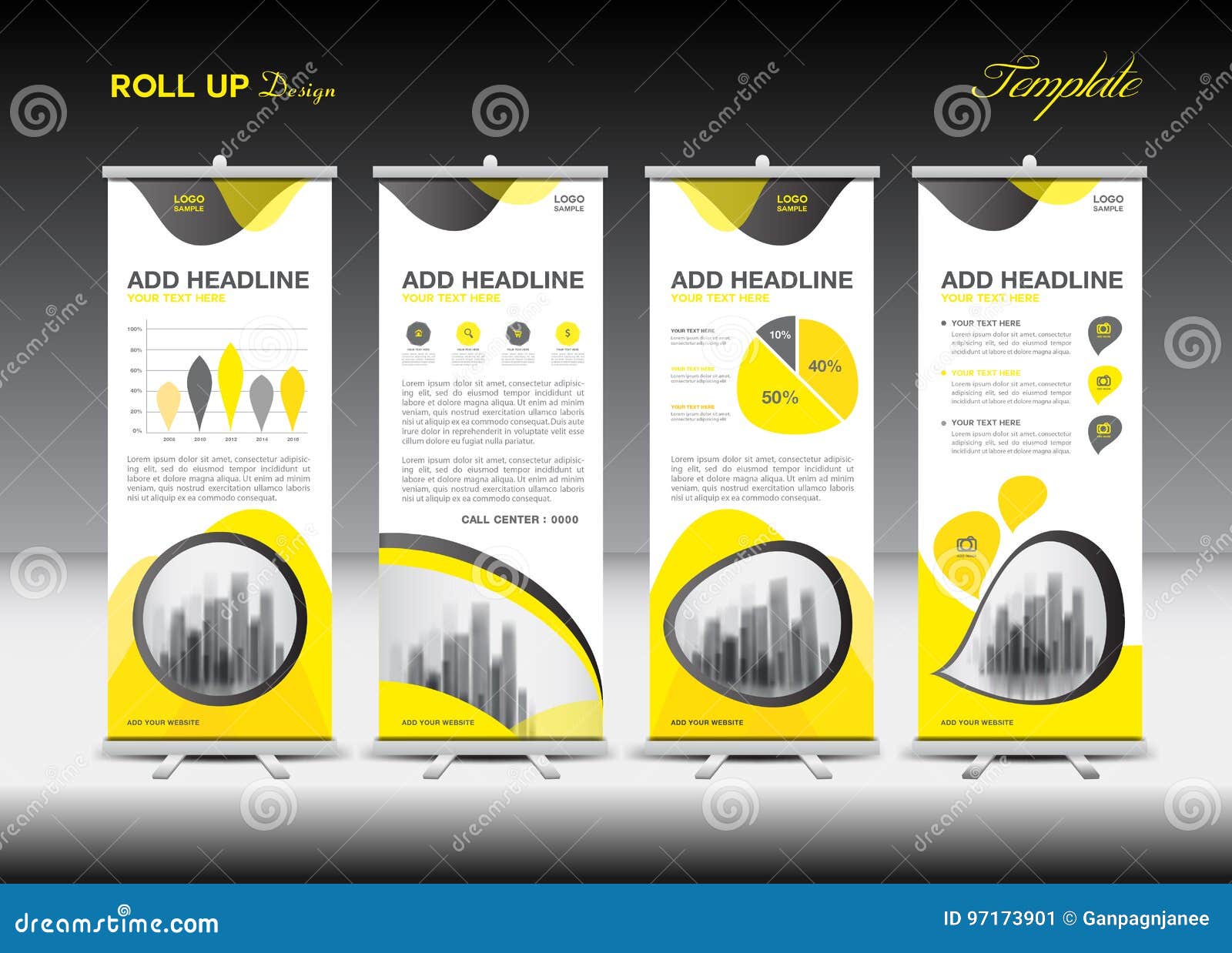 Yellow Roll Up Banner Template and Infographics, Stand Design Stock ...