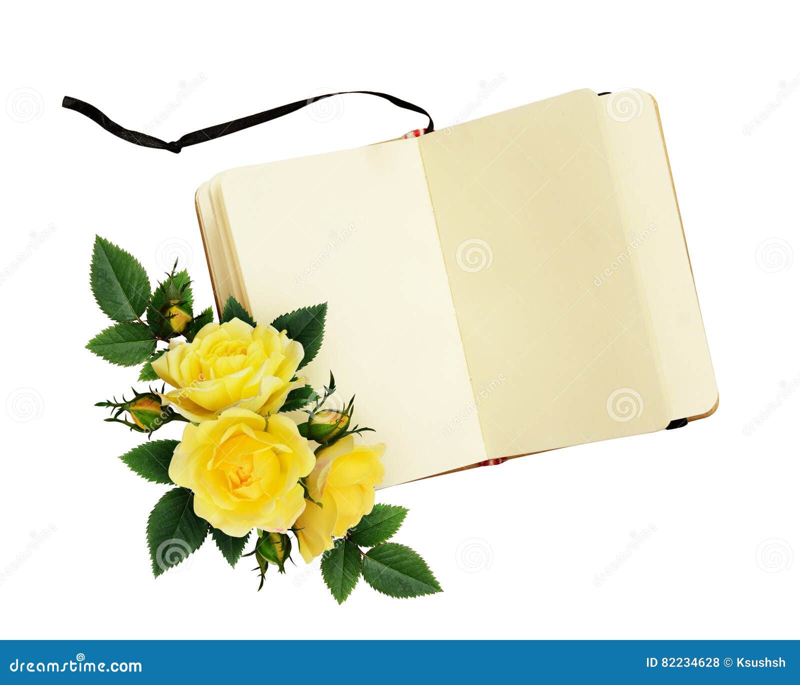 Yellow Rose Flowers Composition and Open Notebook Stock Photo - Image ...