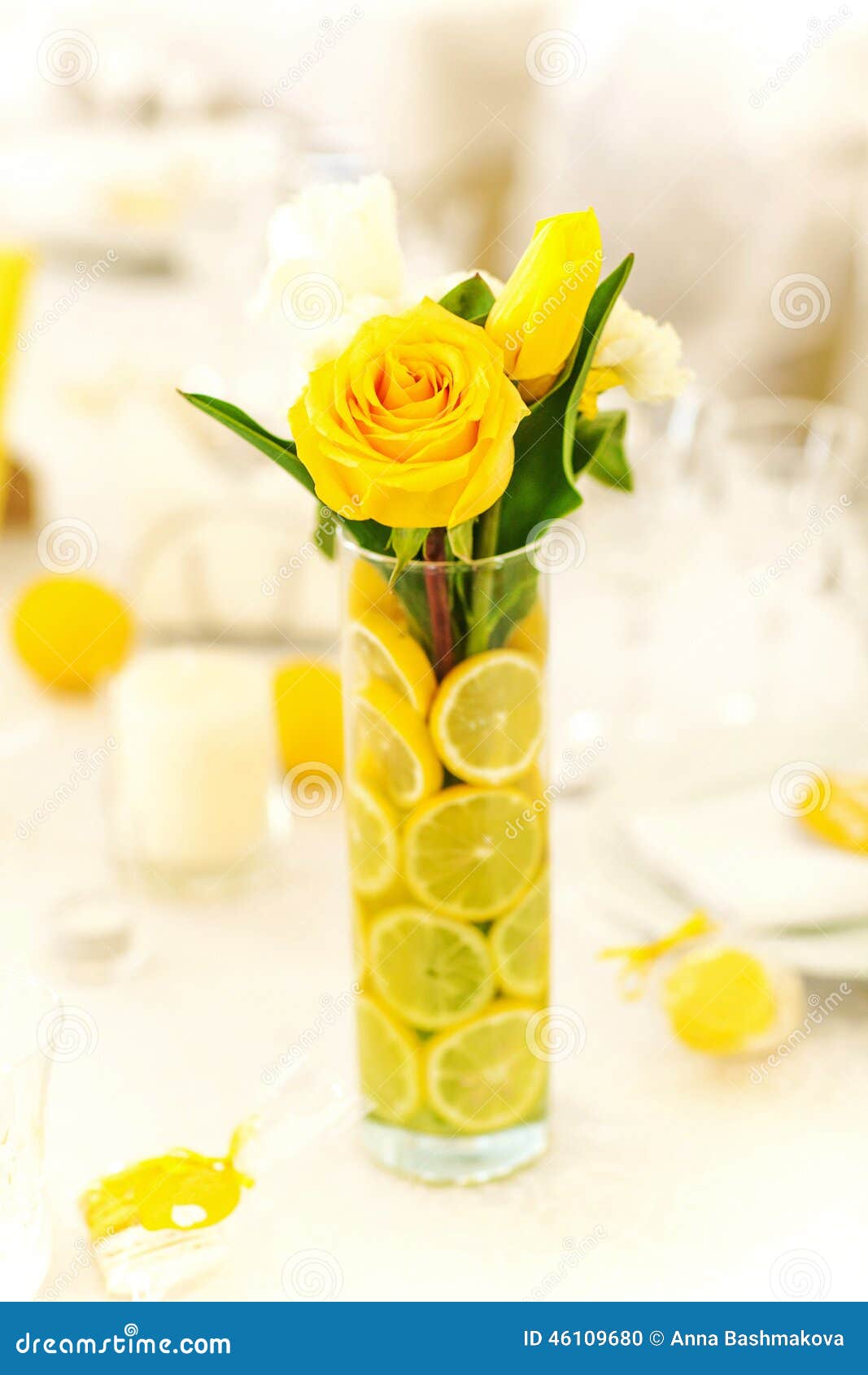 Yellow Roses in Vase with Lemon Stock Photo - Image of gift, lemon ...
