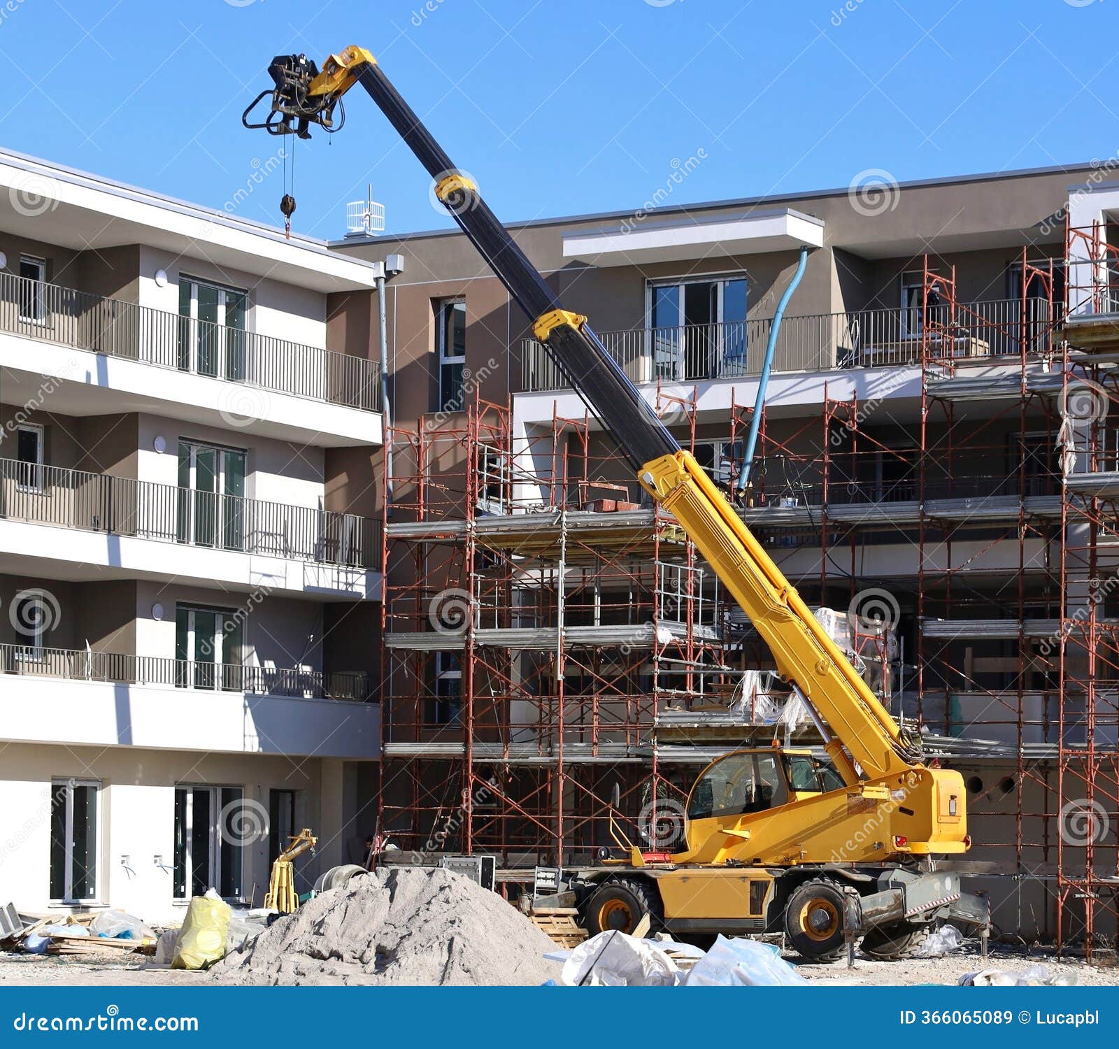Yellow Rotating Telehandler Work On Steel Beams In The Construction ...