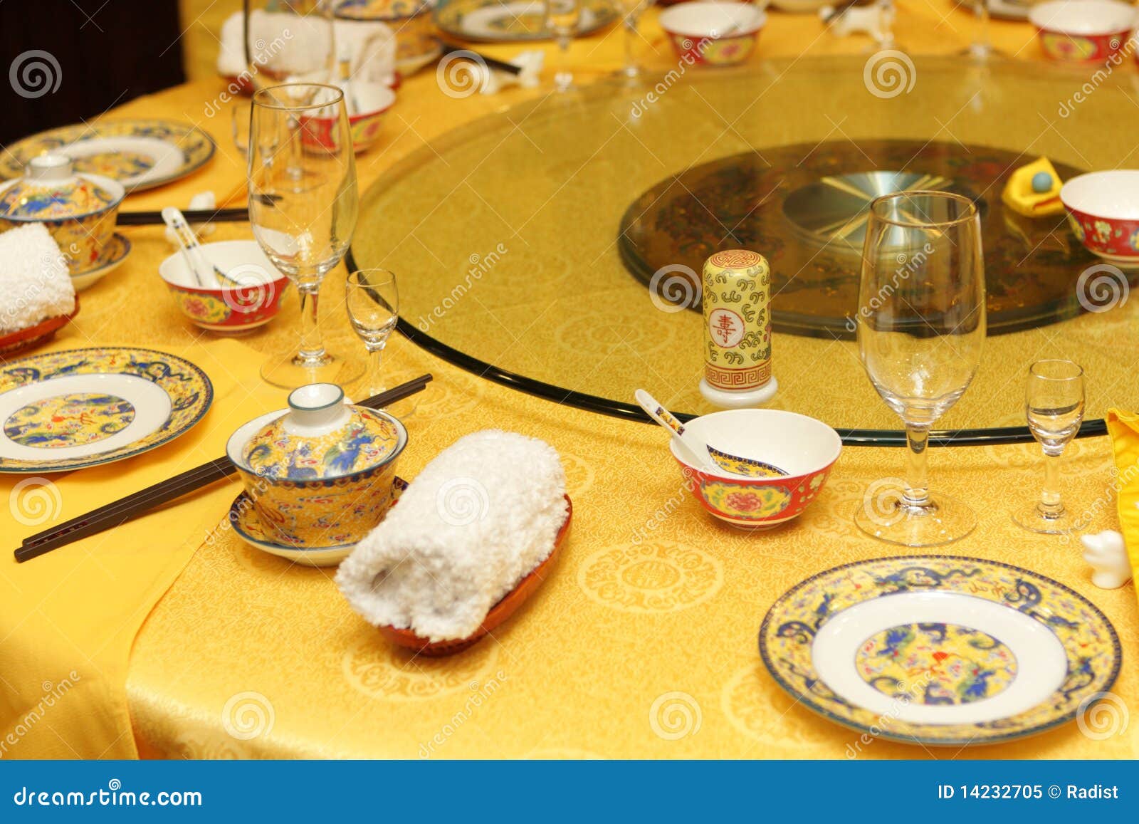 Yellow round table stock image. Image of plate, restaurant - 14232705