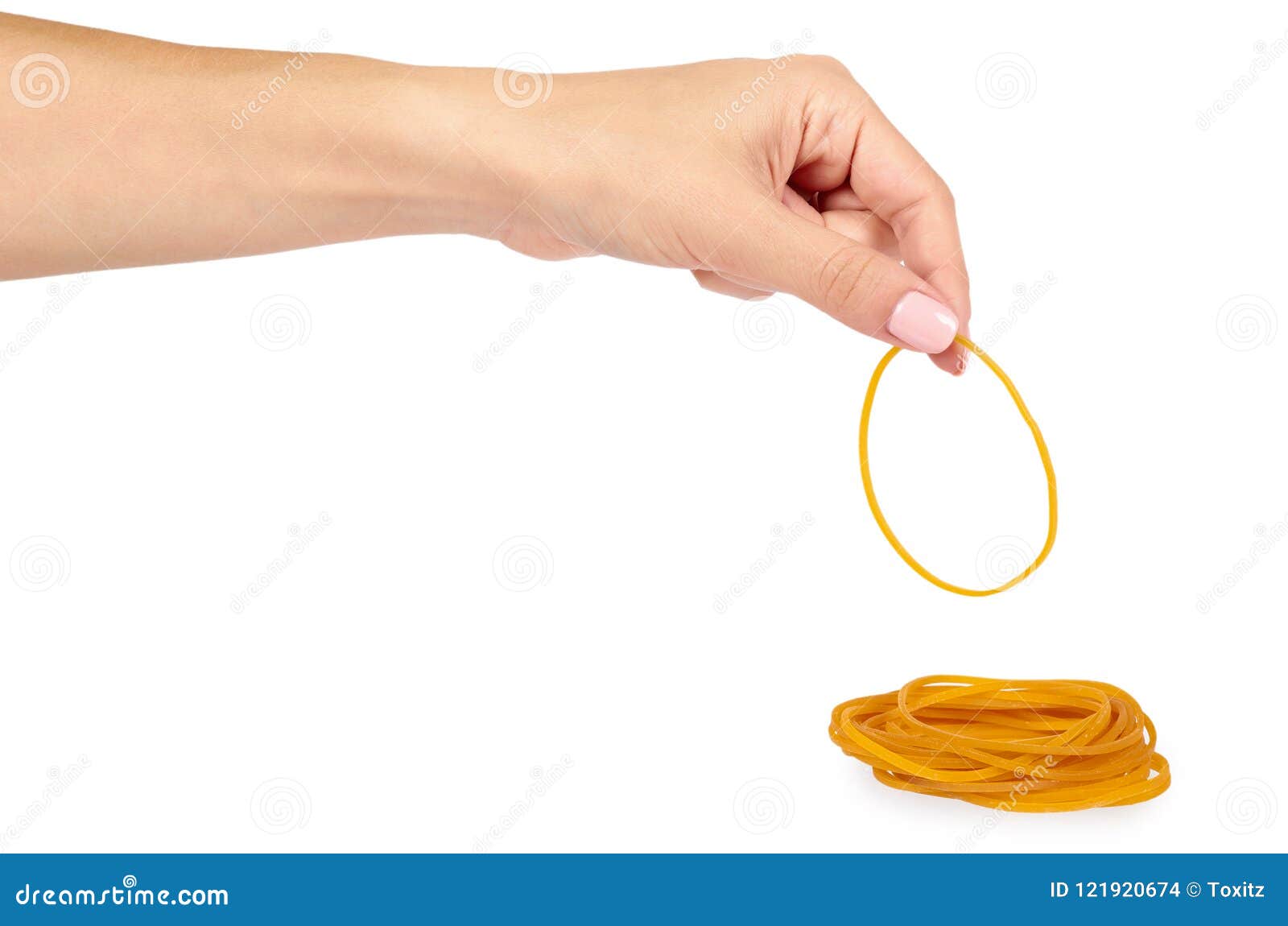 Yellow Rubber Bands Close Up with Hand Isolated on White Background ...
