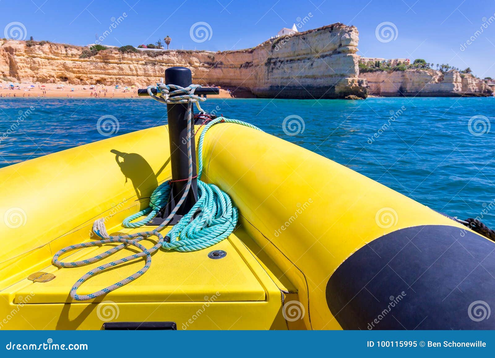 Yellow Boat Sailing Towards Rocks at Coast Stock Image - Image of ...