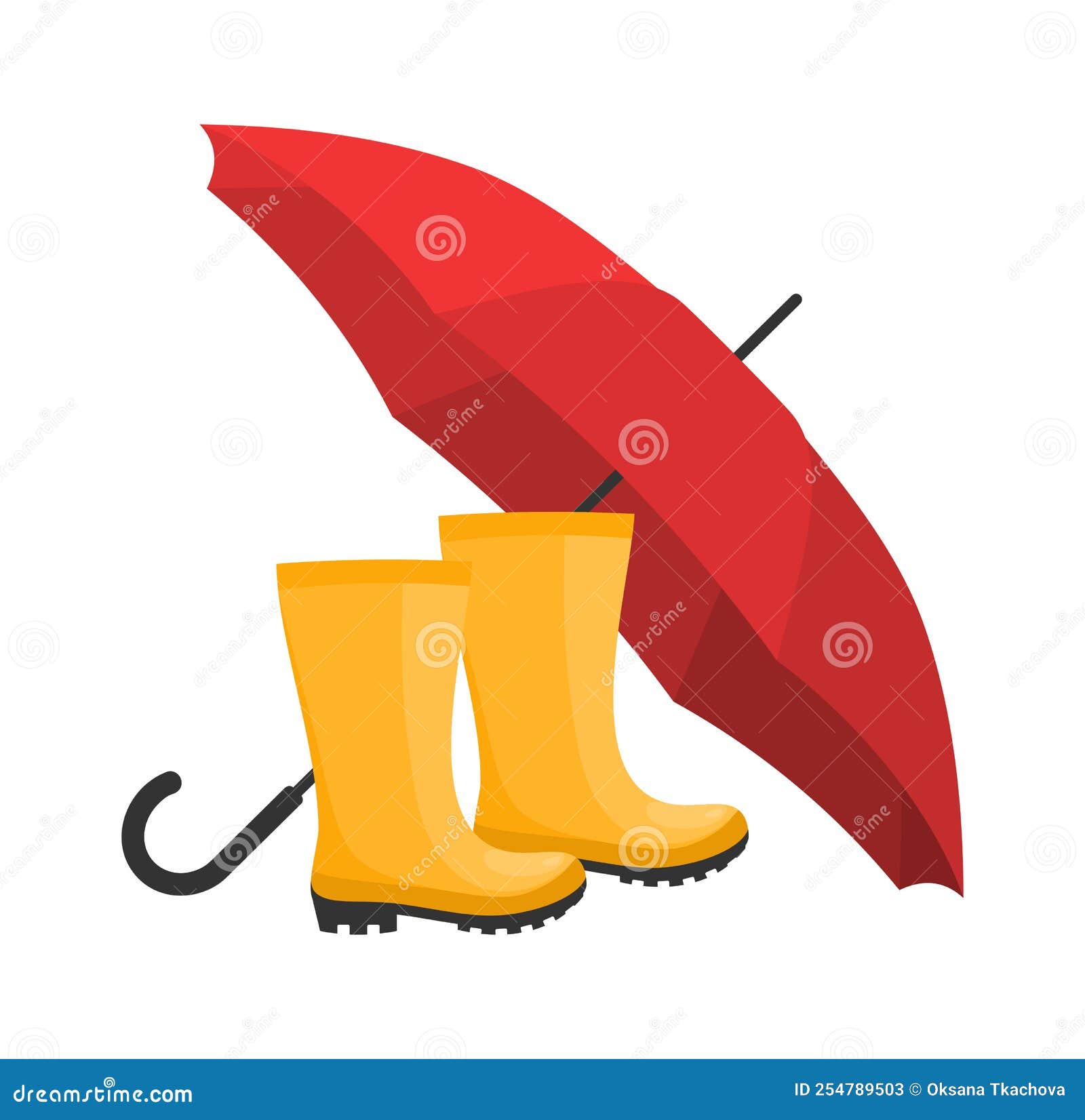 Yellow Rubber Boots Under a Red Umbrella on a White Background. Flat ...