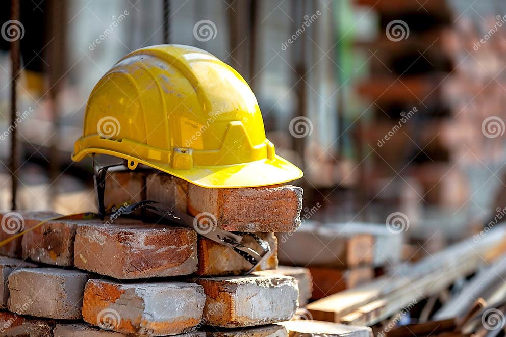 Yellow Safety Construction Helmet on a Stack of Bricks, with a Building ...